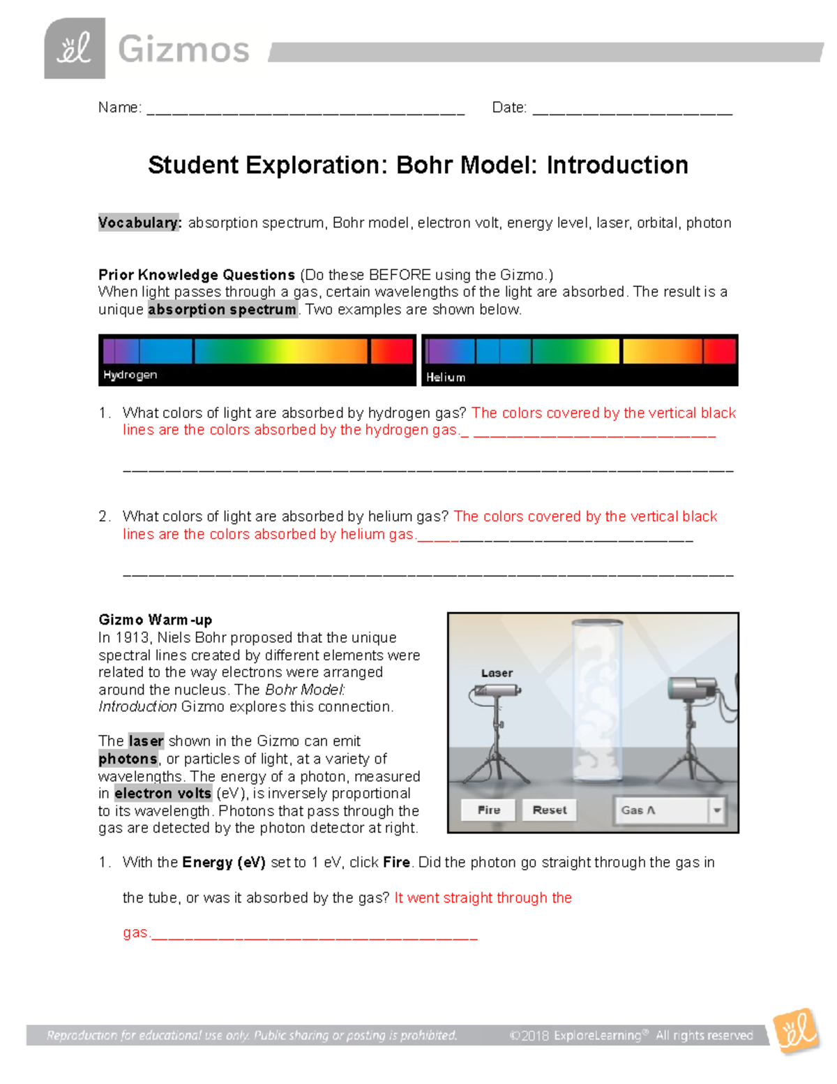 Bohr Model Intro SE - cheimstry - Name ...