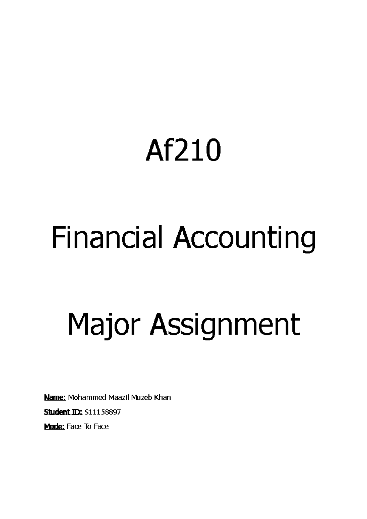 AF210 Major Group Assignment 2020- Financial Accounting - Af Financial ...