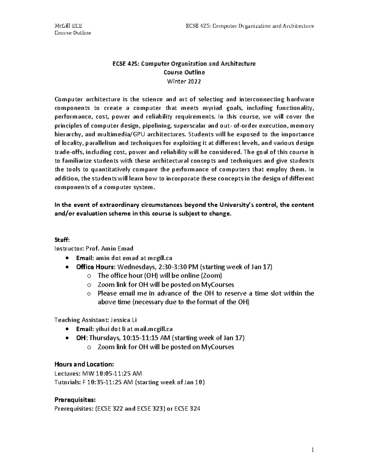 Ecse 425 Course Summary And Plan Mcgill Ece Ecse 425 Computer Organization And Architecture
