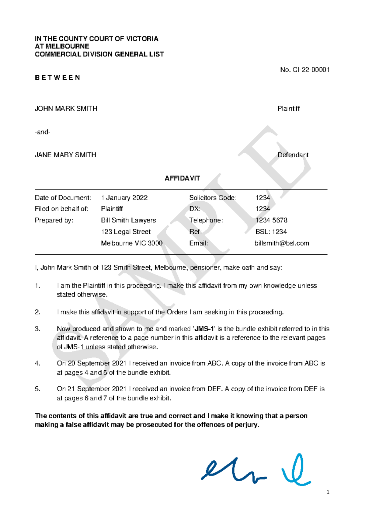 County court sample affidavit - ####### IN THE COUNTY COURT OF VICTORIA ...