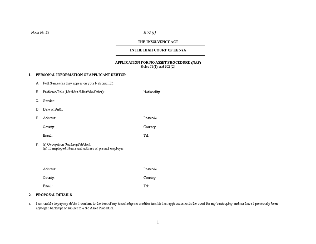 Application for No Asset Procedure - Form No. 28R. 72 (1) THE ...