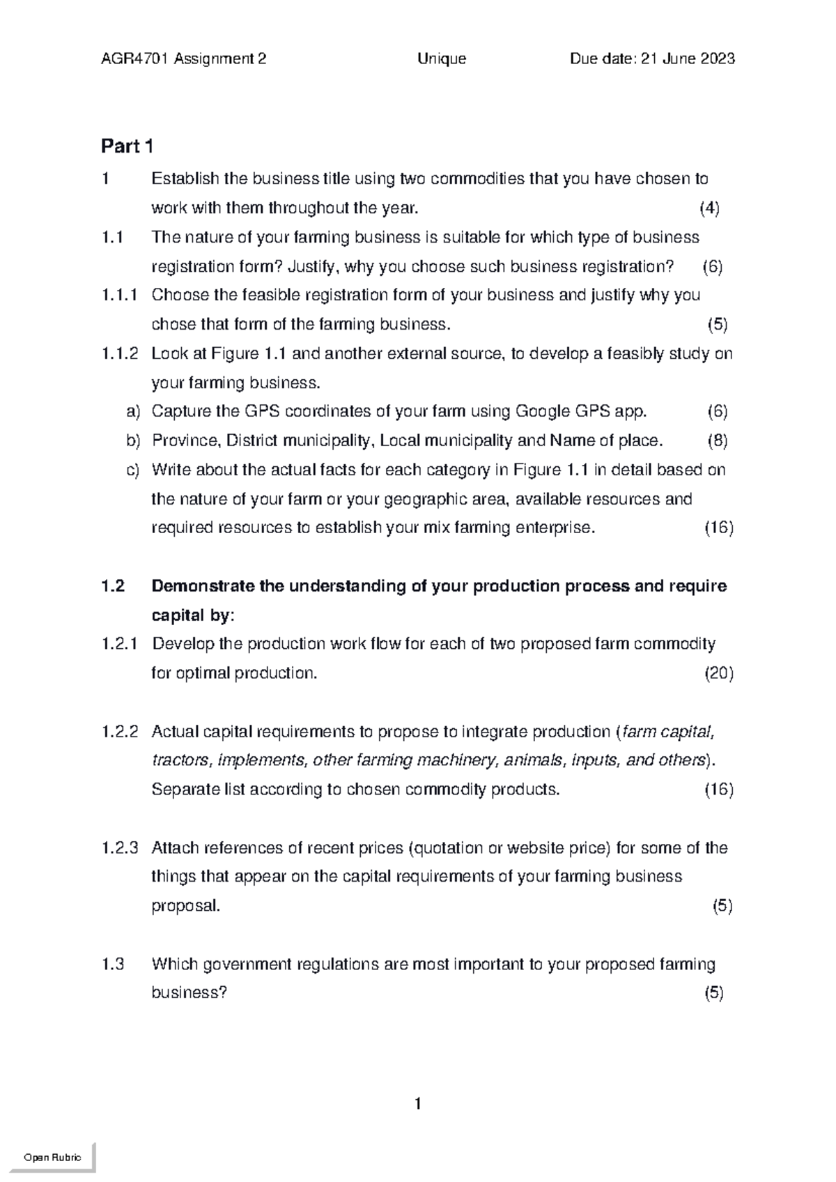 AGR ASS2 - AGR4701 Assignment 2 Unique Due date: 21 June 2023 1 Part 1 1 Establish the business ...