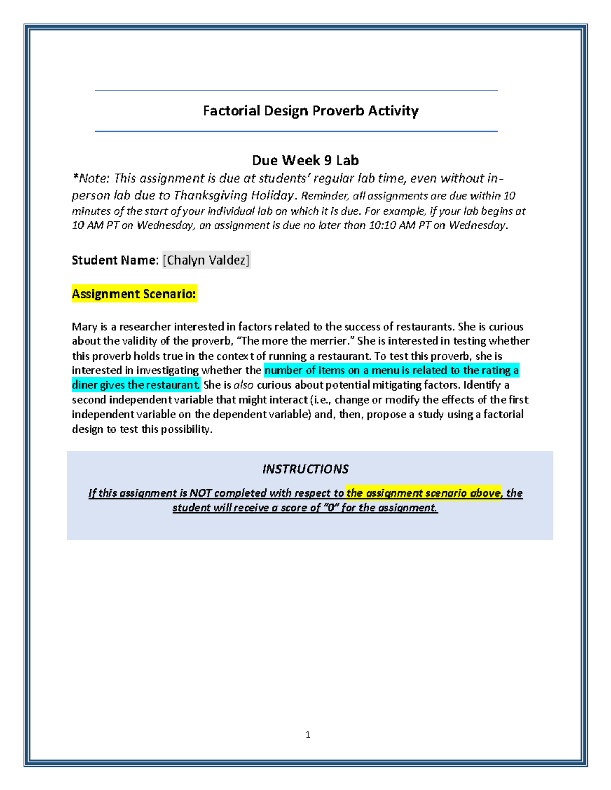 Factorial Proverb Activity - Factorial Design Proverb Activity Due Week ...