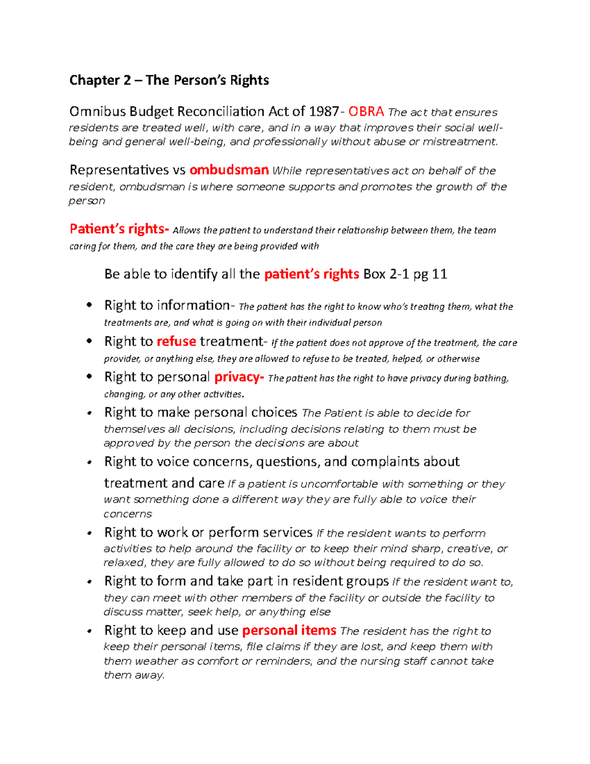 Chapter 2 notes - Chapter 2 – The Person’s Rights Omnibus Budget ...