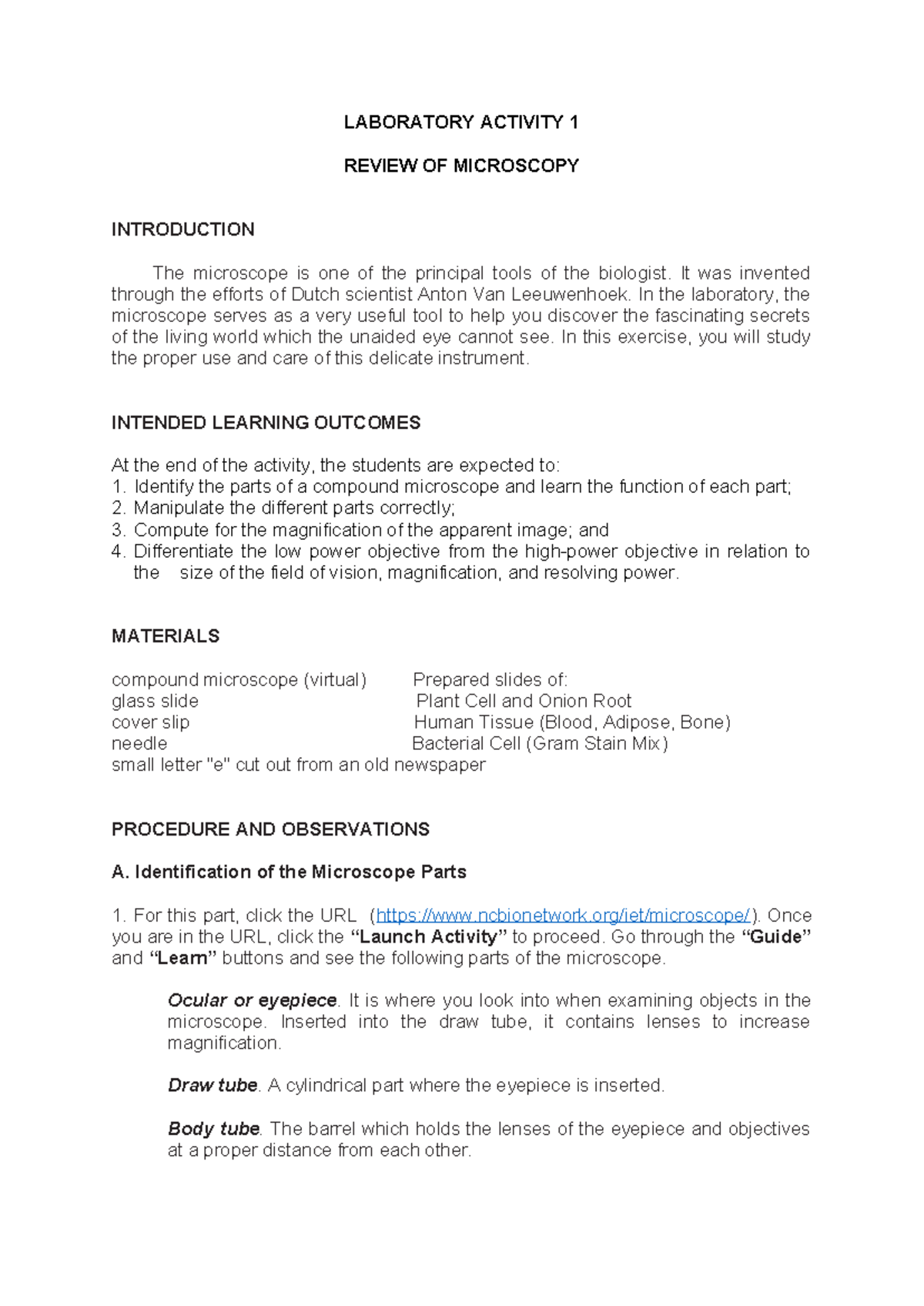 Activity 1 Review of Microscopy - LABORATORY ACTIVITY 1 REVIEW OF MICROSCOPY INTRODUCTION The ...