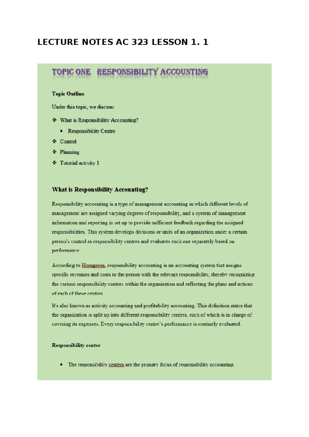 Lecture Notes AC 323 Lesson 1 - LECTURE NOTES AC 323 LESSON 1. 1 TOPIC ...