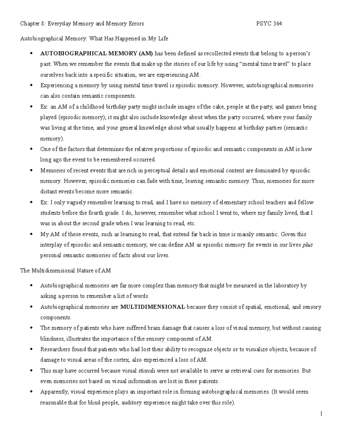 Chapter 8 in cognition - Chapter 8: Everyday Memory and Memory Errors PSYC 364 Autobiographical ...