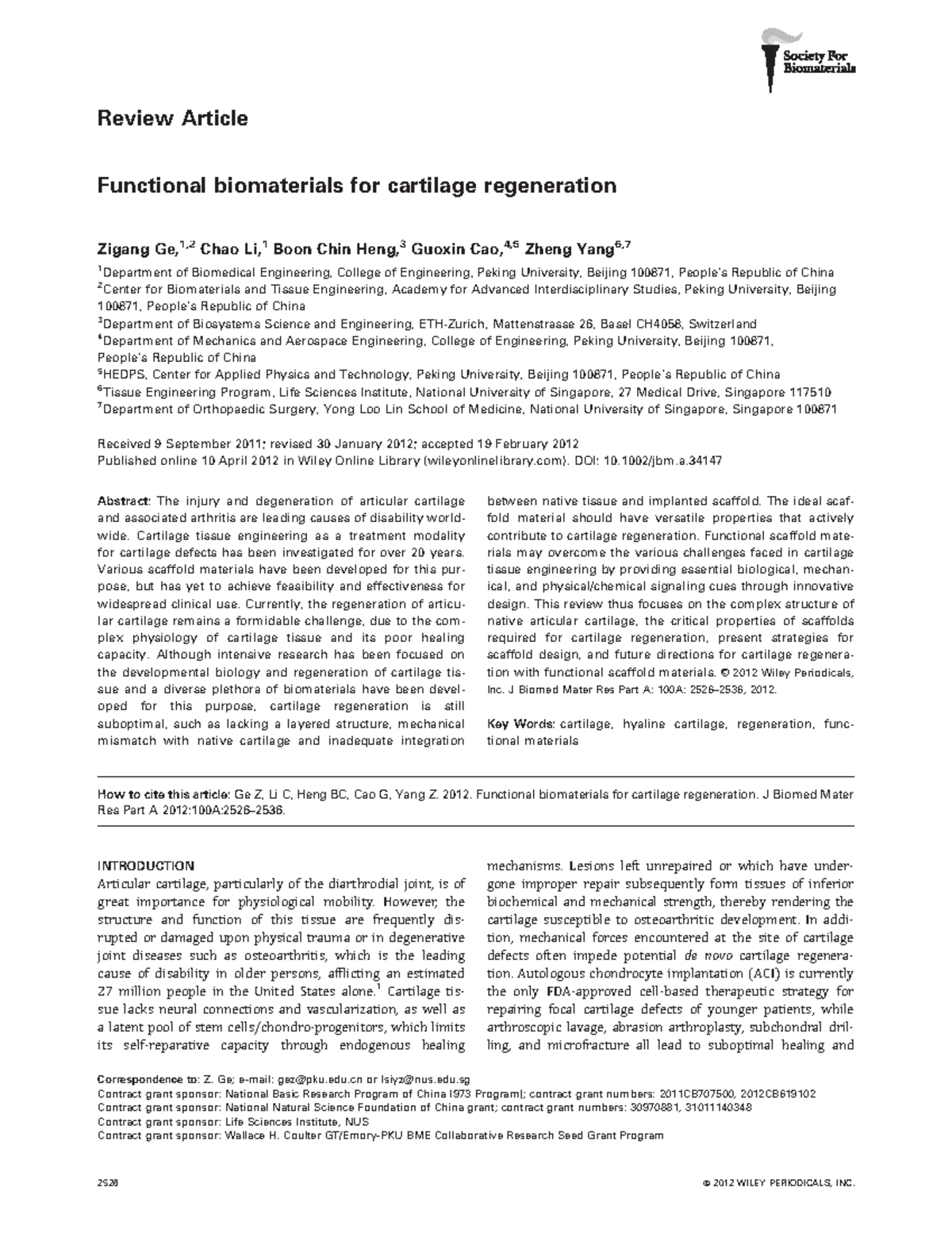 软骨再生的功能性生物材料 - 去ewwew - Review Article Functional biomaterials for ...