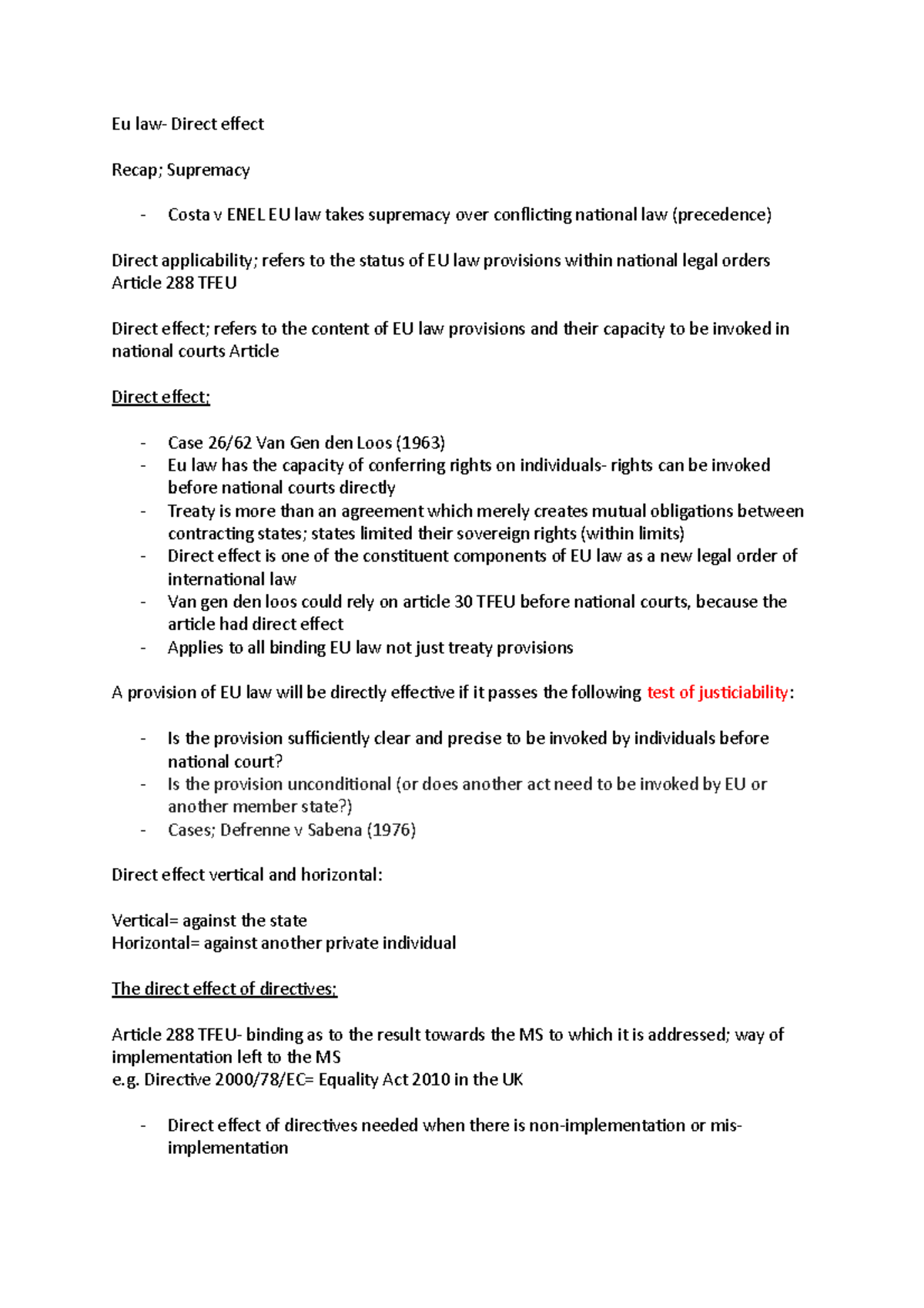 Lect4-Direct effect - Eu law- Direct effect Recap; Supremacy Costa v ...