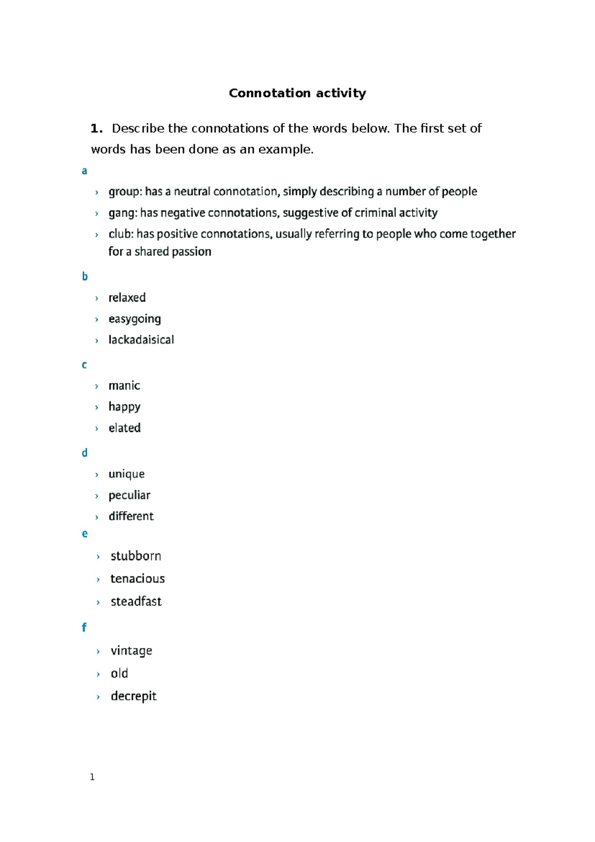 Connotation activity - worksheet - Connotation activity 1. Describe the ...