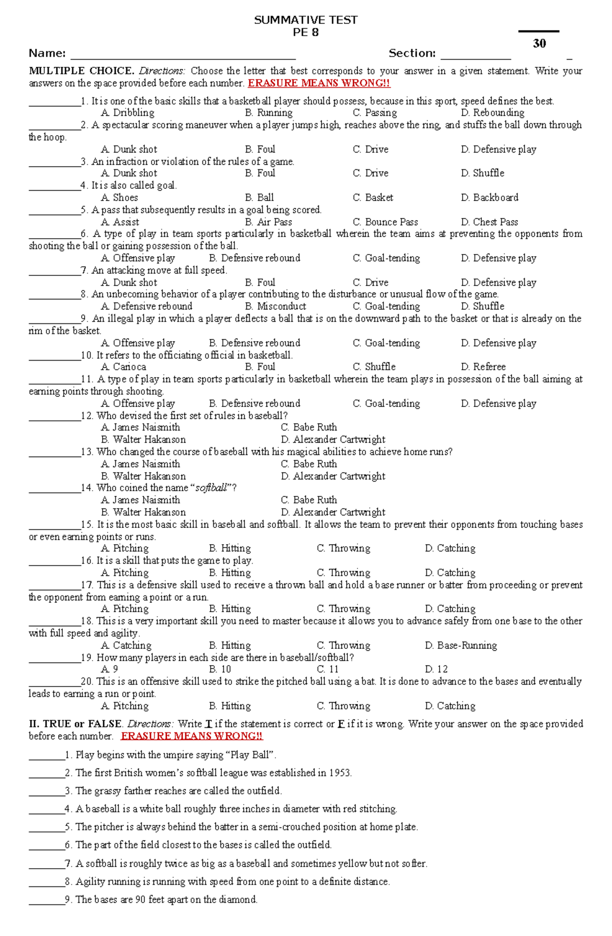 G8 Q2 SET 2 QUIZ IN PE Lesson 1 copy - SUMMATIVE TEST PE 8 Name: - Studocu