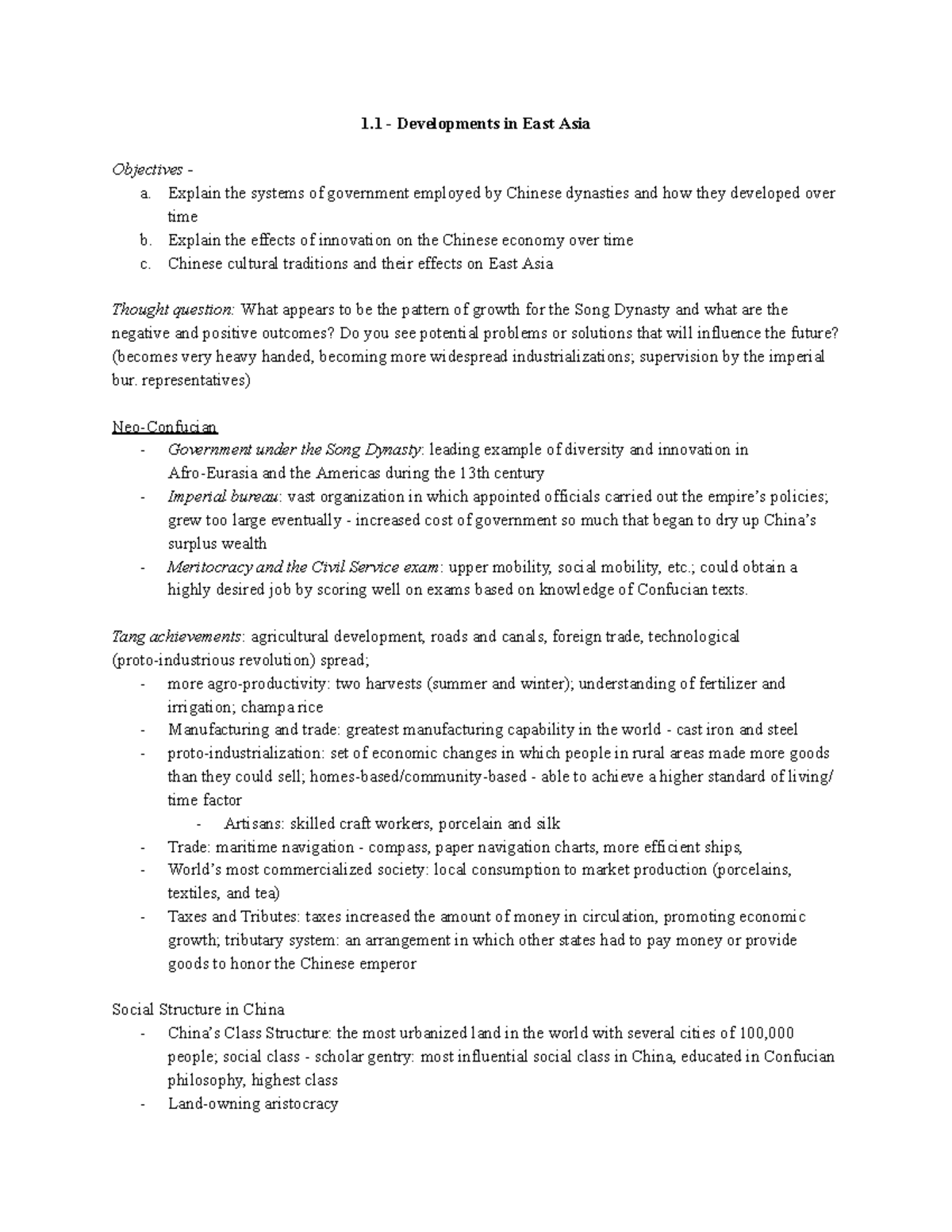 AP World Unit 1 - Class notes - 1 - Developments in East Asia ...