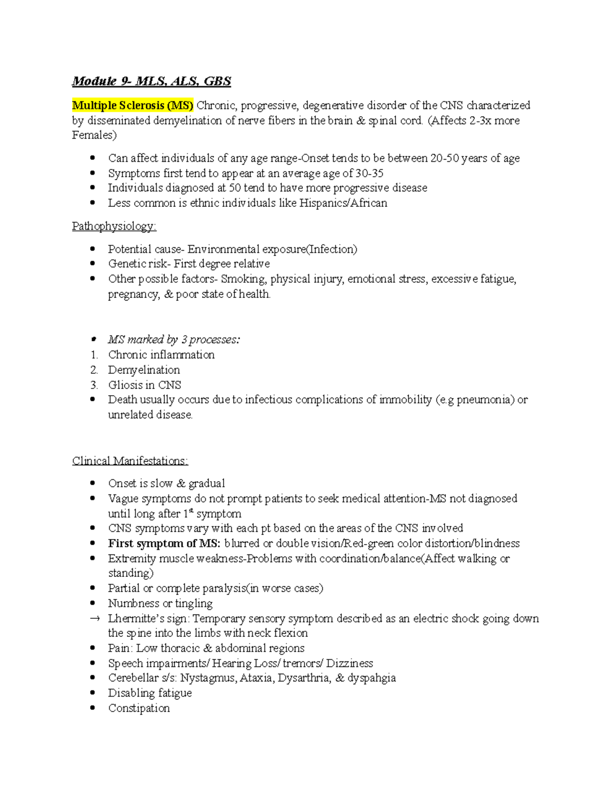 H.T Exam 3 Notes - exam 3 - Module 9- MLS, ALS, GBS Multiple Sclerosis ...