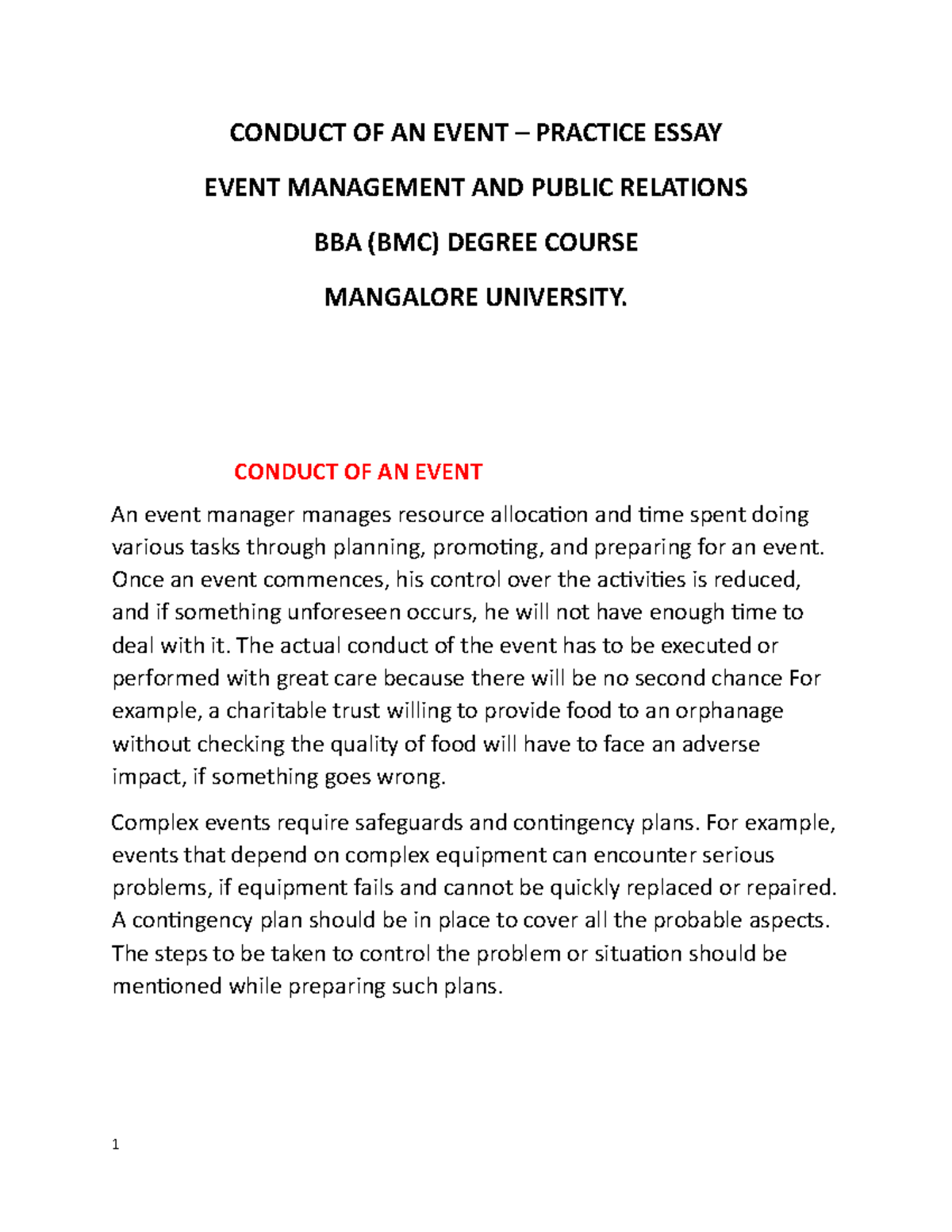 Conduct of an Event - CONDUCT OF AN EVENT – PRACTICE ESSAY EVENT ...