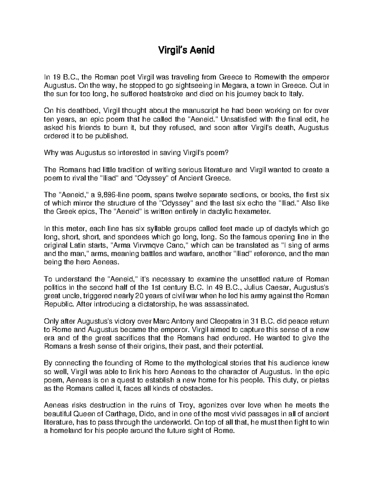 EEd 222 Aeneid - notes - Virgil’s Aenid In 19 B., the Roman poet Virgil ...