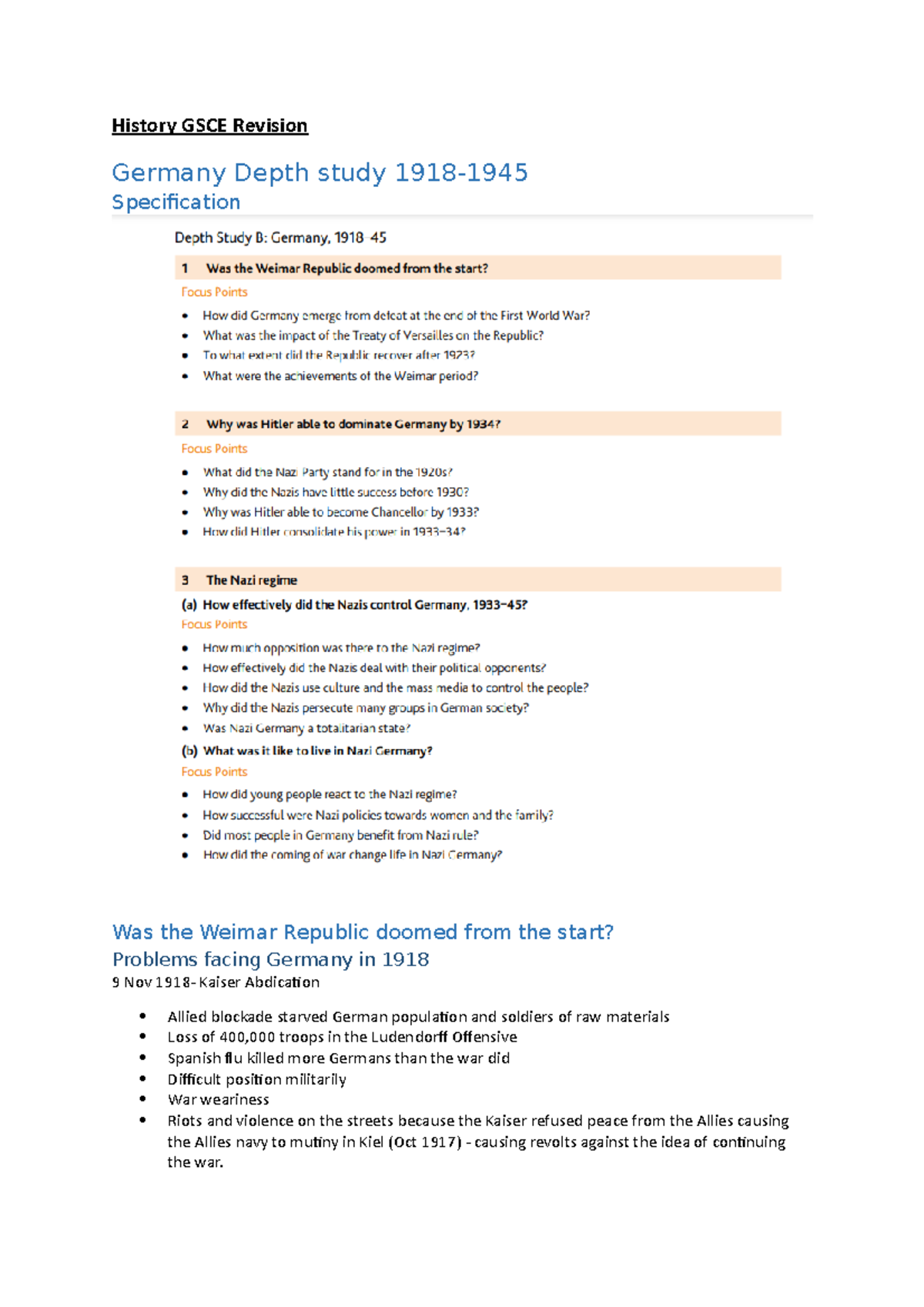 History GSCE Revision - History GSCE Revision Germany Depth study 1918 ...