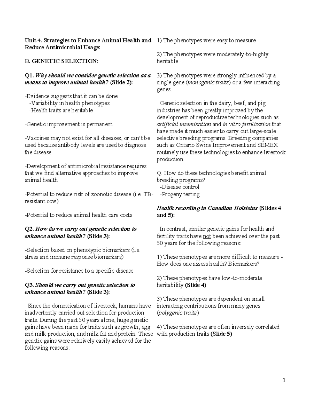 Unit 4B Genetics-notes 2023 Feb 8 - Unit 4. Strategies to Enhance ...