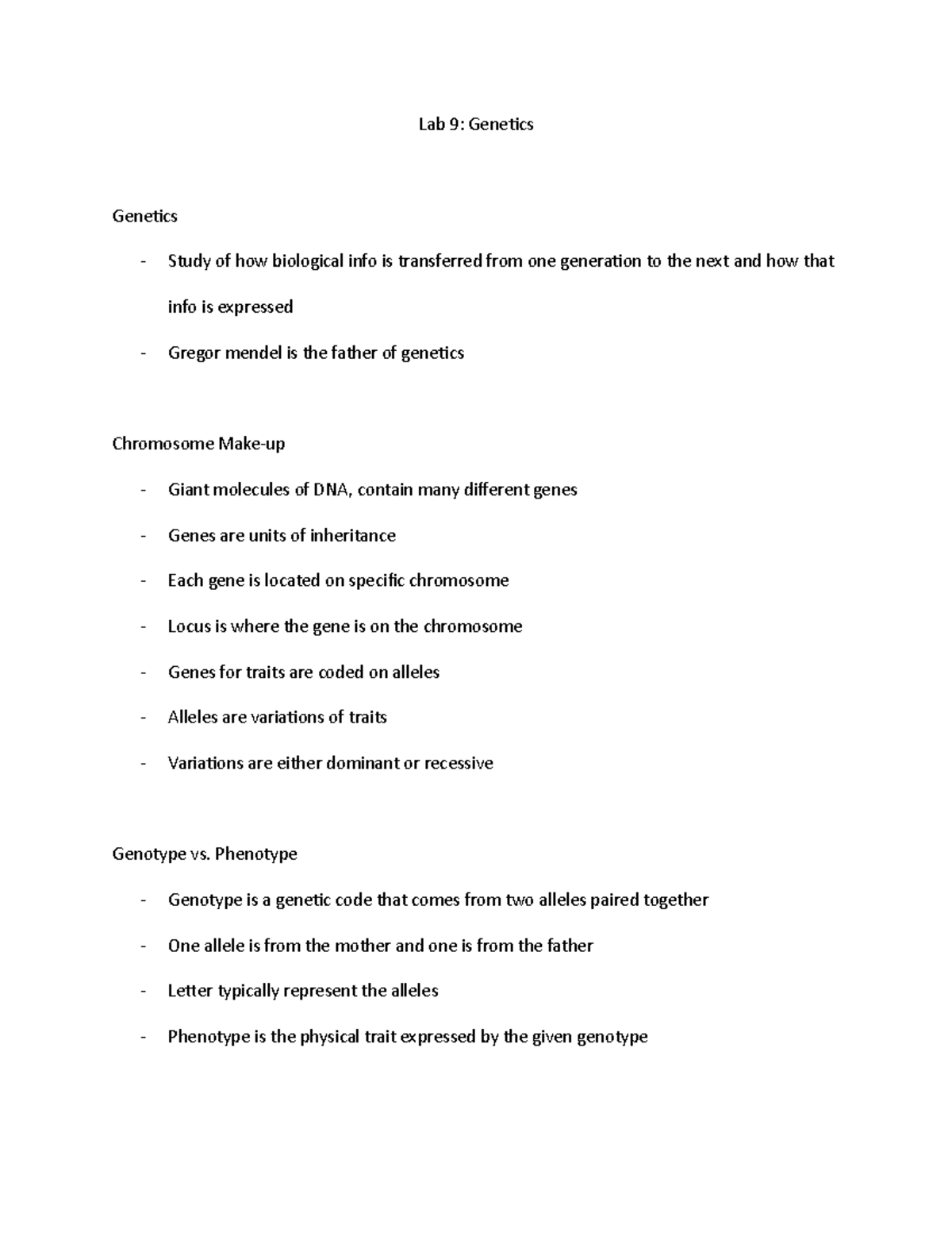 Lab 9 - lab 9 - Lab 9: Genetics Genetics - Study of how biological info ...