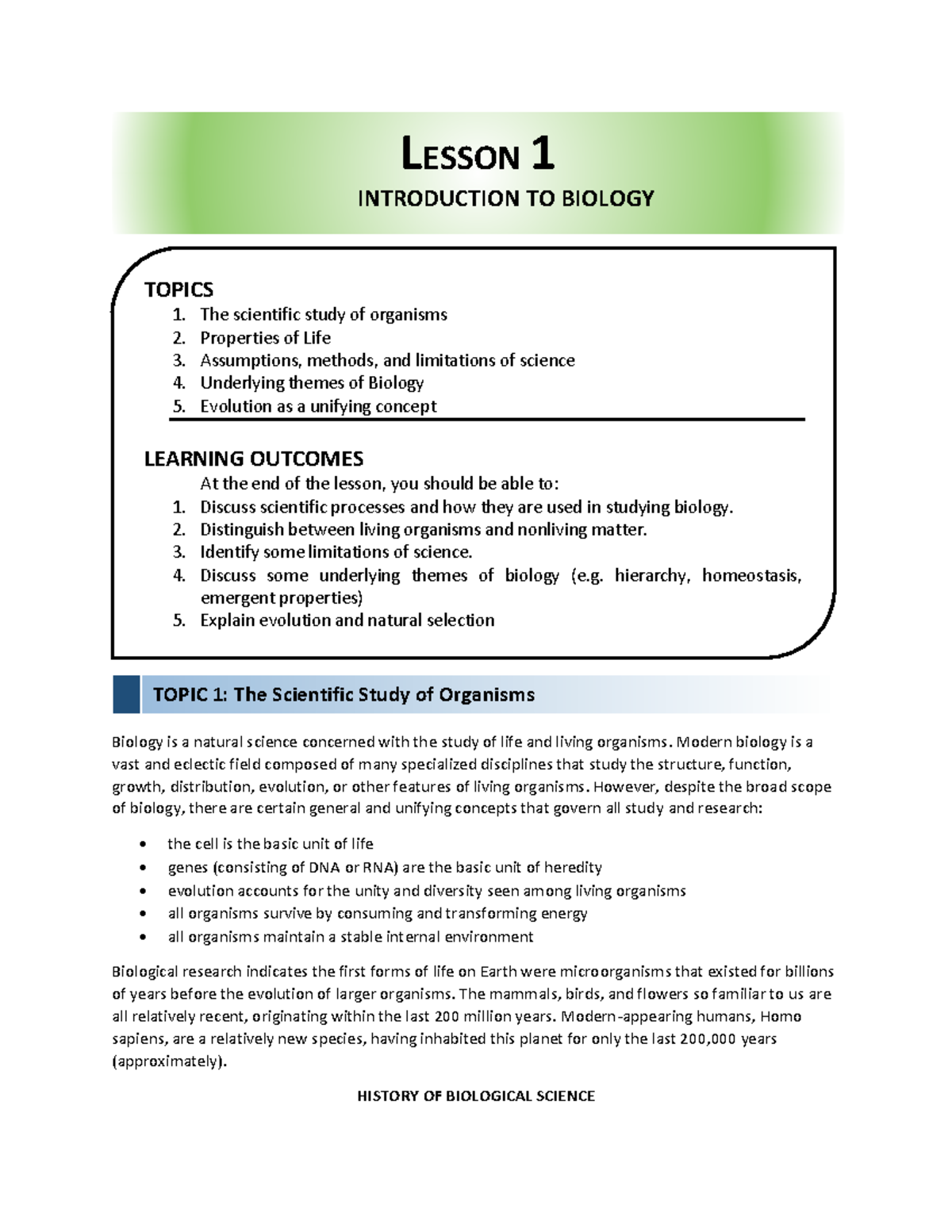Module - Lesson 1 - TOPICS 1. The scientific study of organisms 2 ...