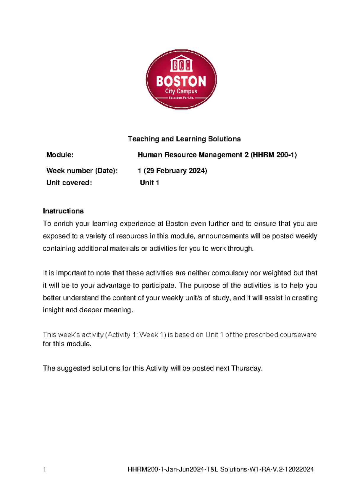 HHRM200 Jan Jun2024 T&LSolutions W1 RA V2 12022024 - Teaching and ...
