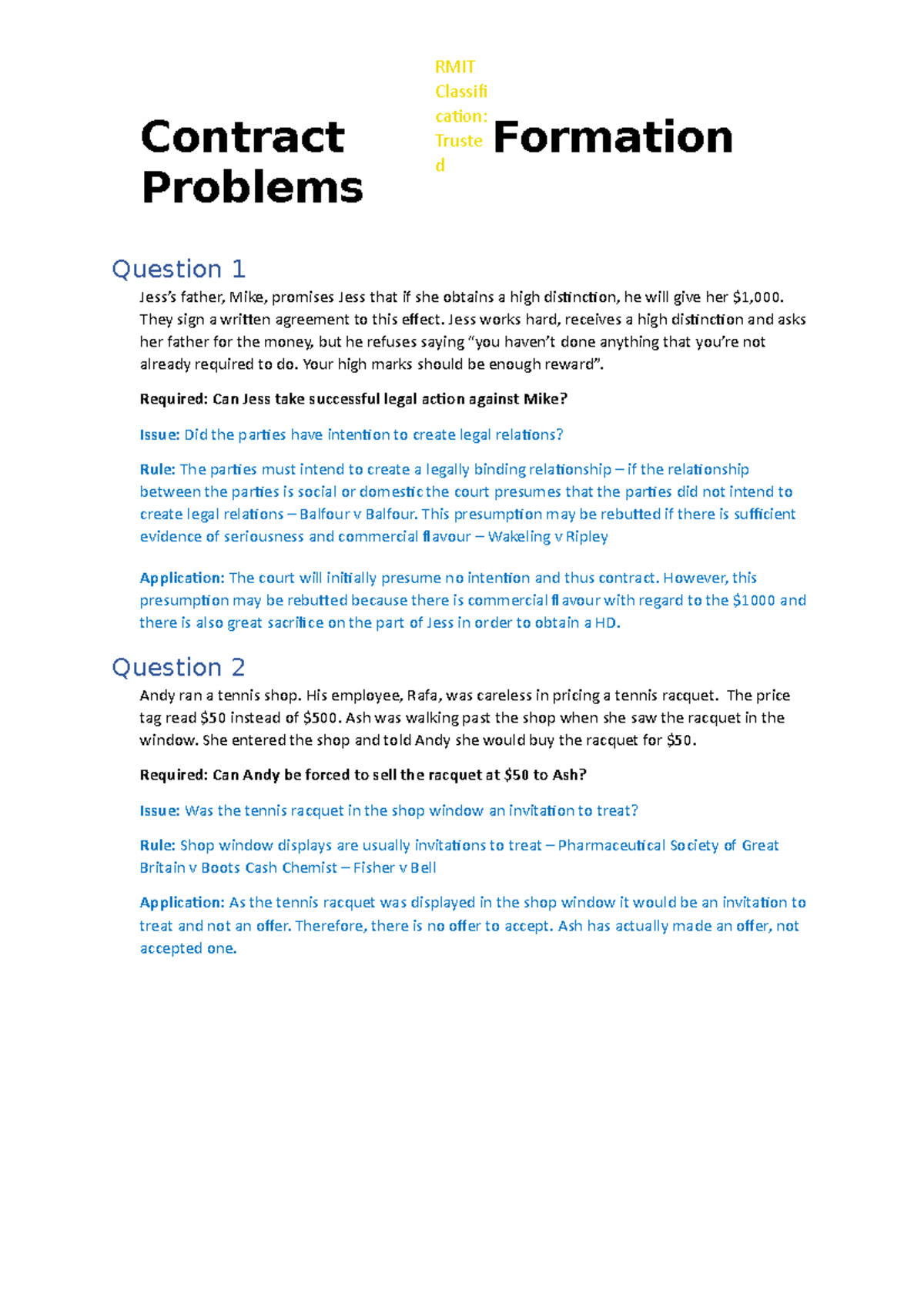 Contract Formation Tutorial Problems - Contract Formation Problems Question 1 Jess’s father ...