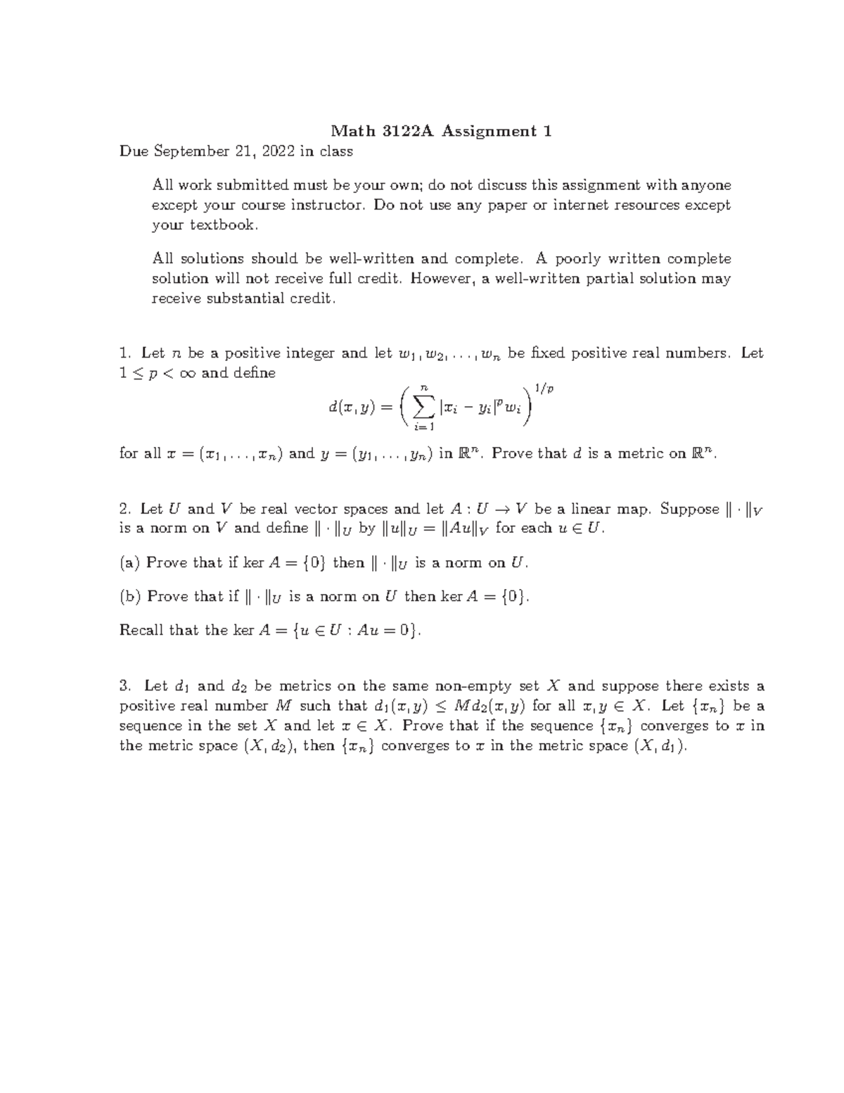 A1 - A1.pdf - Math 3122A Assignment 1 Due September 21, 2022 in class ...