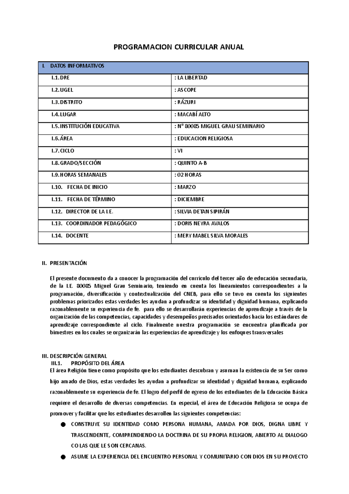 Programacion Anual DE Religion DE Educacion Religiosa 2023 5° macabí - PROGRAMACION CURRICULAR ...