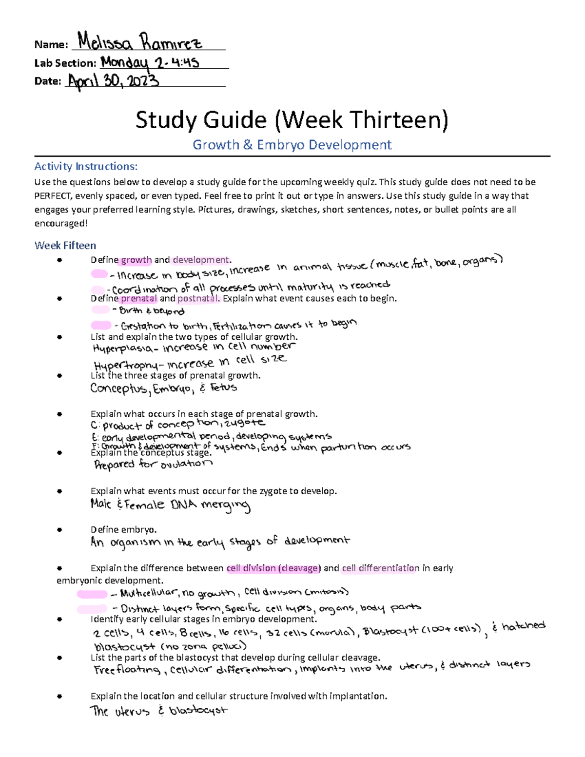 Study Guide (Week Fifteen) 230430 145202 - Name ...