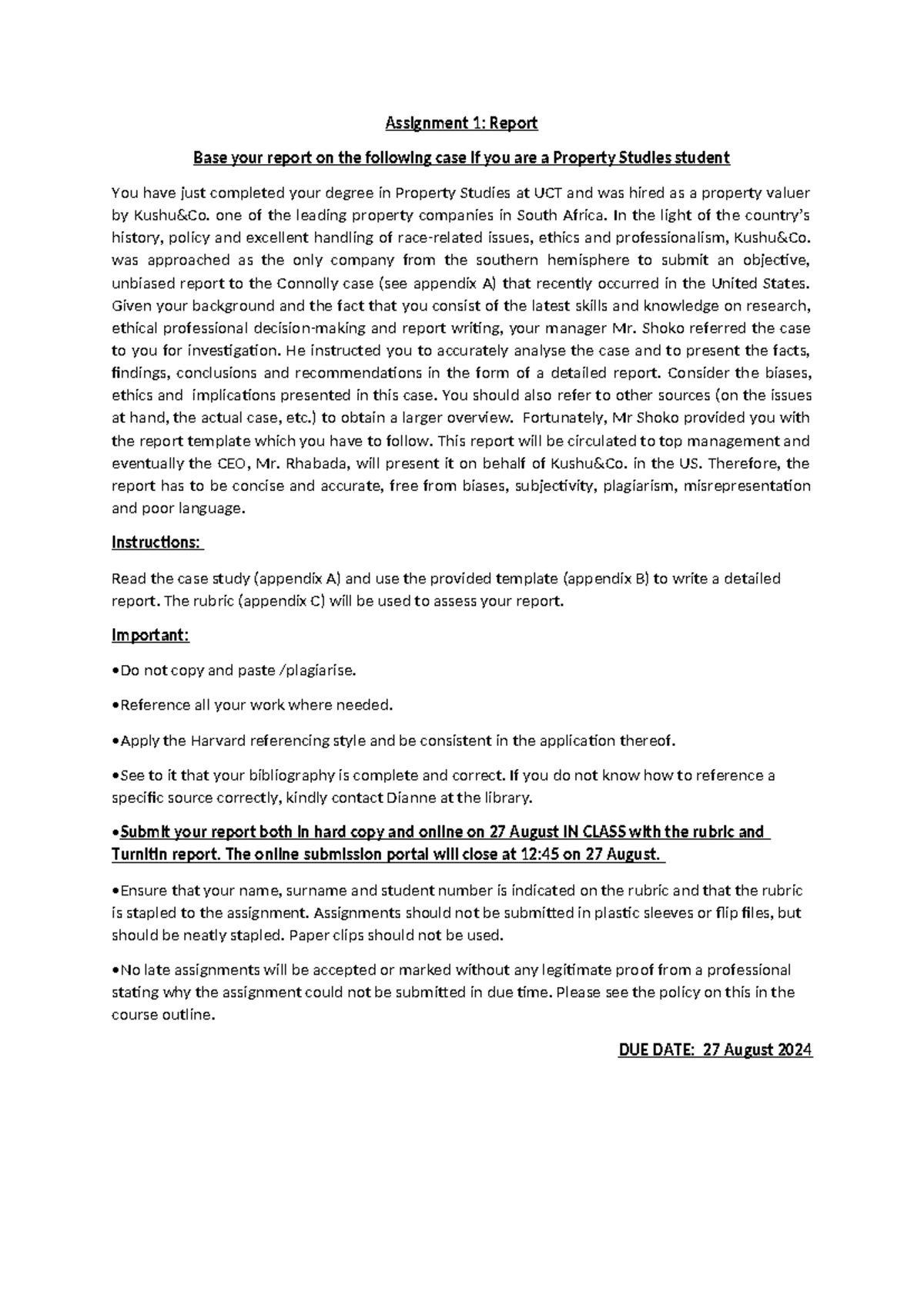 Property Studies Case Study for Report - Assignment 1: Report Base your ...
