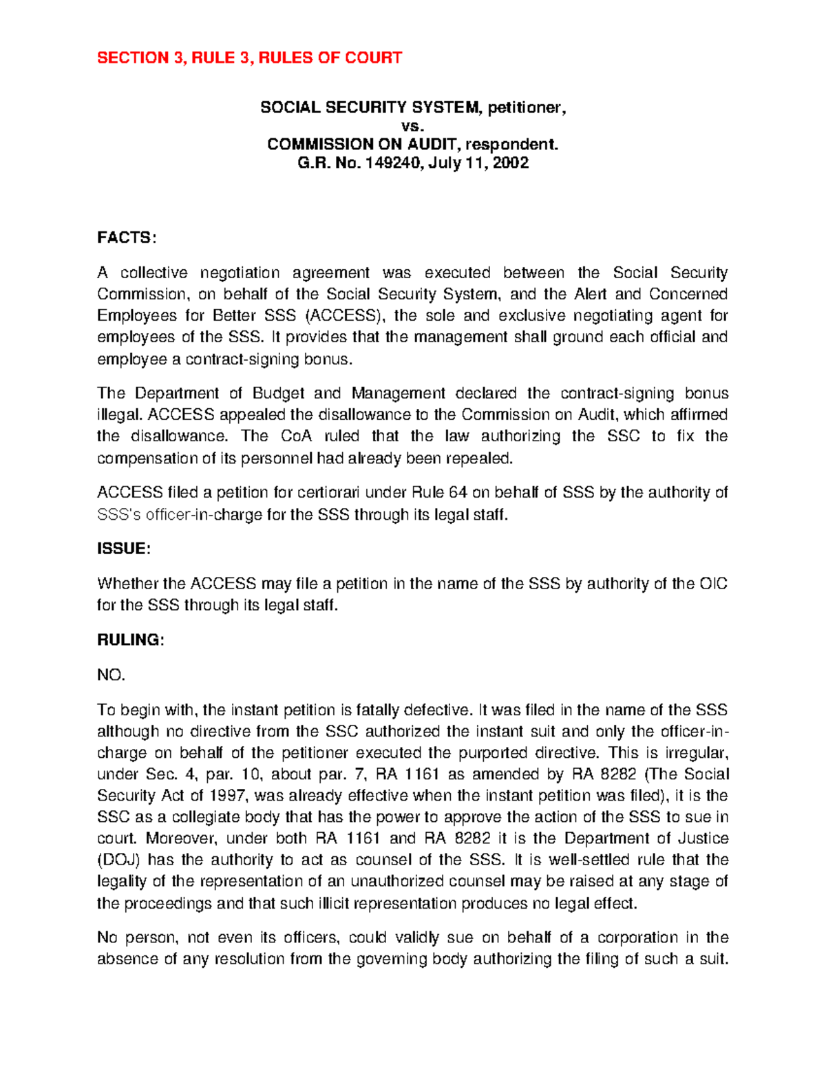 SSS vs COA, G.R. No. 149240, July 11, 2002 - SECTION 3, RULE 3, RULES ...