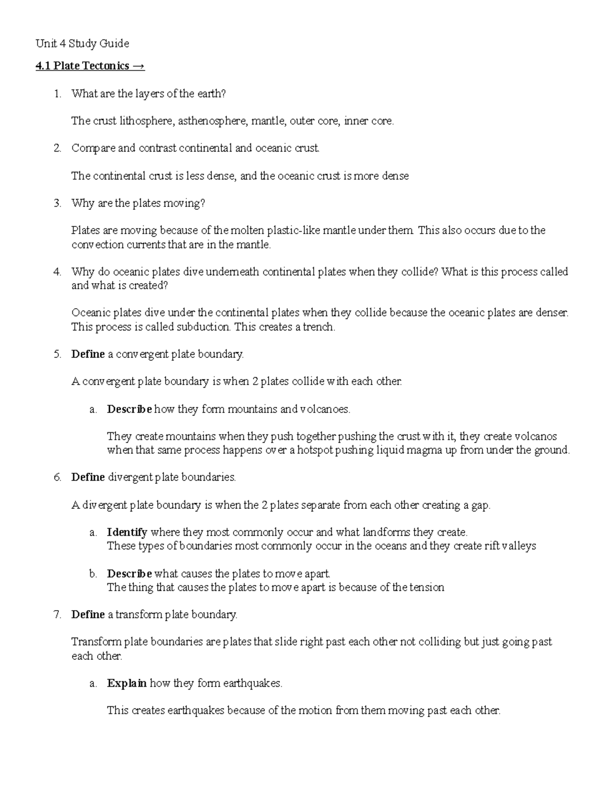 U4 Study Guide - yea - Unit 4 Study Guide 4 Plate Tectonics → 1. What ...