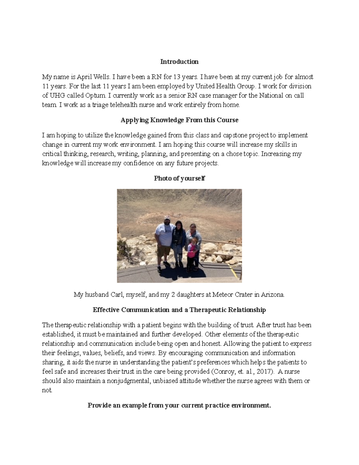 Week 1 discussion post - Introduction My name is April Wells. I have ...