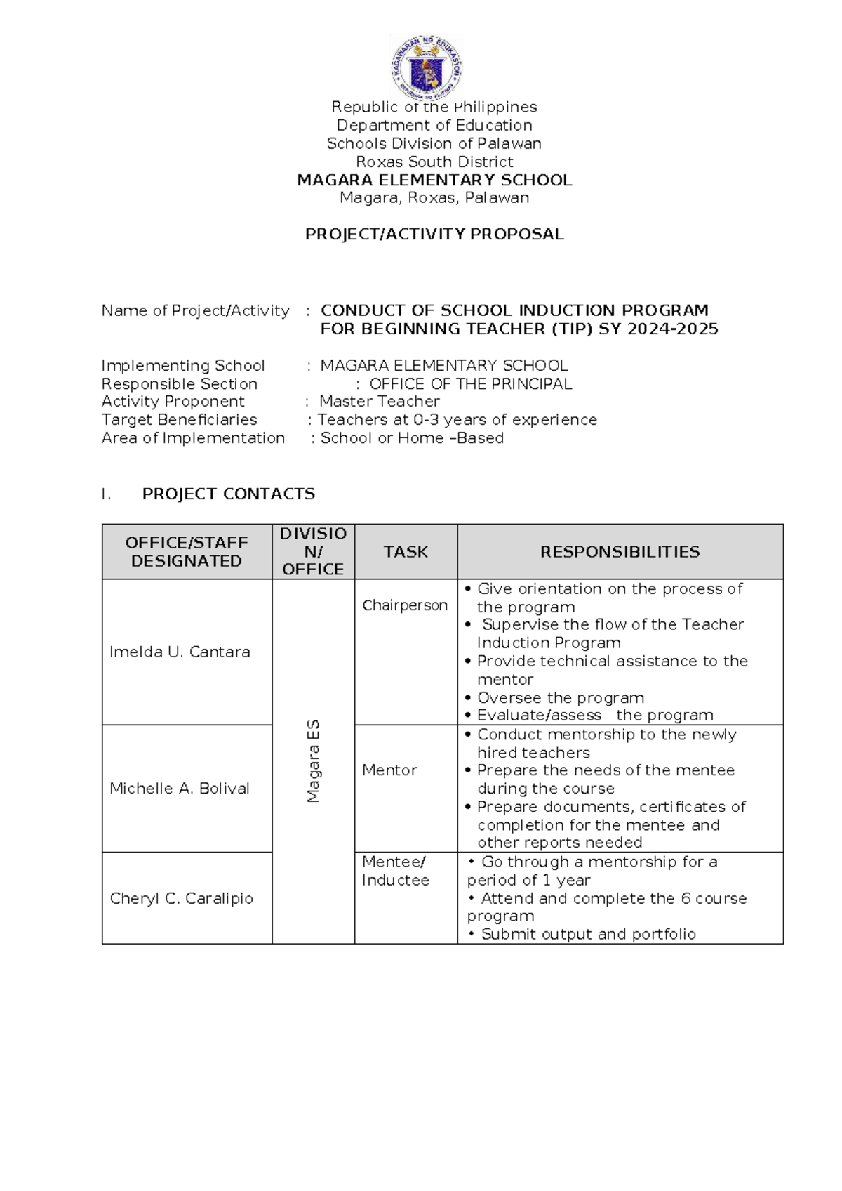 TIP Project Proposal - TIP for Beginning Teachers - Republic of the ...