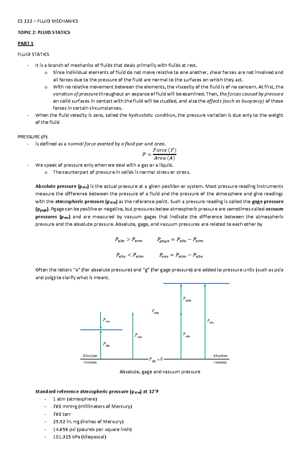 Fluid Mechanics - Topic 2-Part 1 - ES 222 – FLUID MECHANICS TOPIC 2 ...