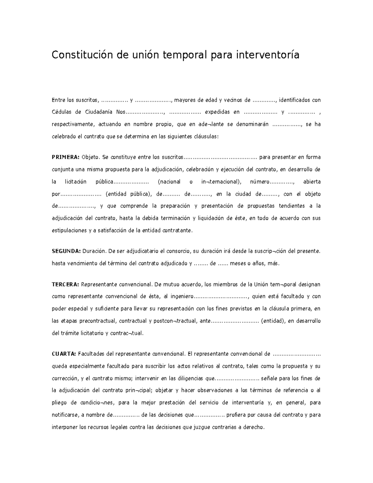 Constitución de unión temporal para interventoría - Constitución de ...