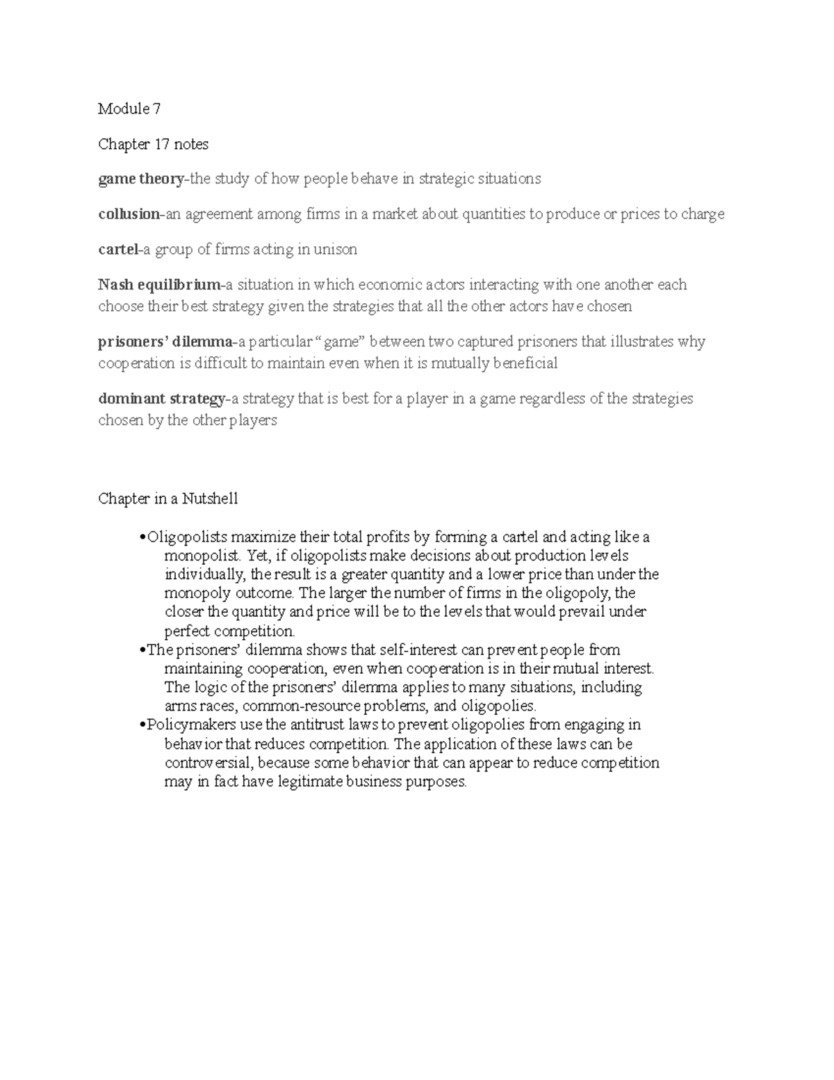 Module 7 notes - Module 7 Chapter 17 notes game theory- the study of ...
