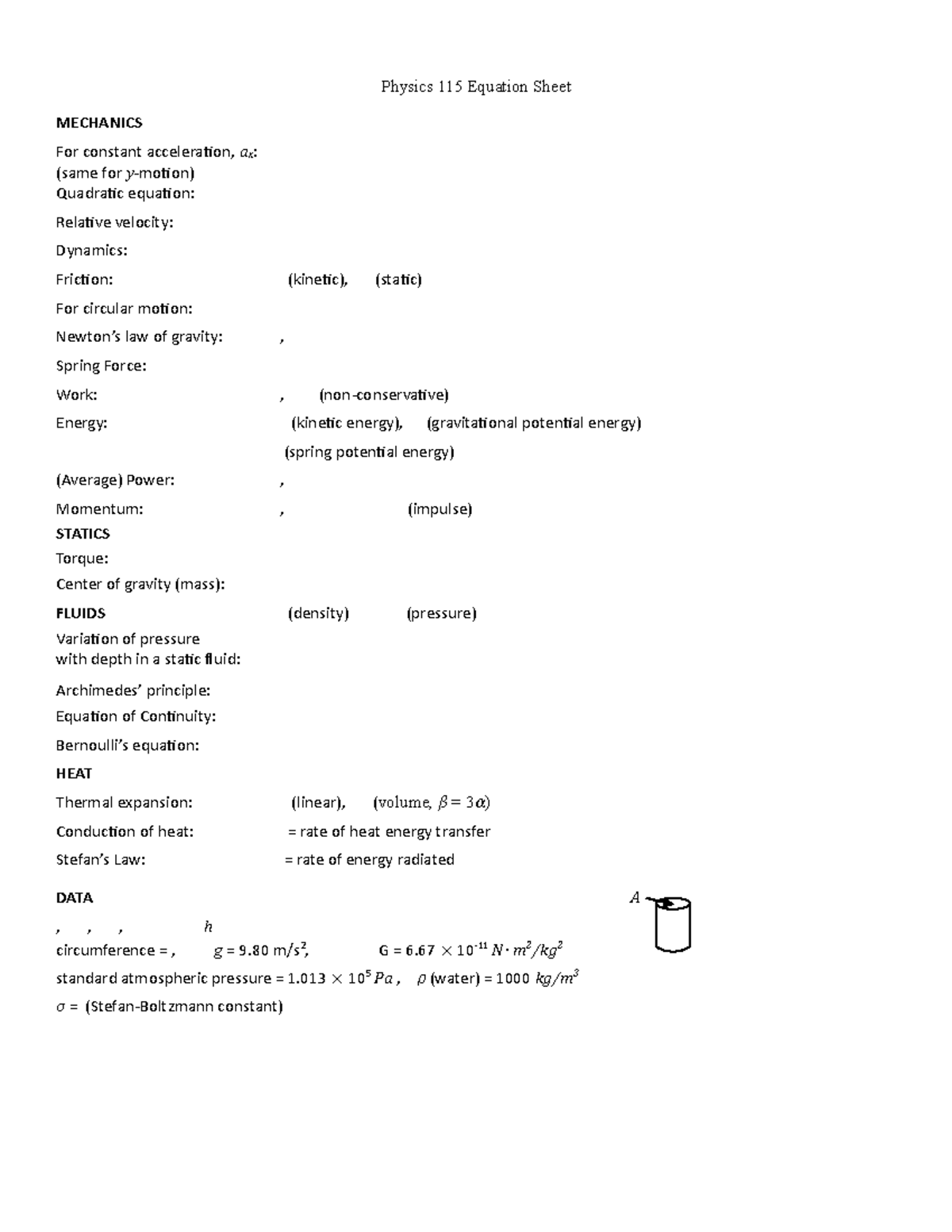 PHYS115 equation sheet 2022 - Physics 115 Equation Sheet MECHANICS For ...