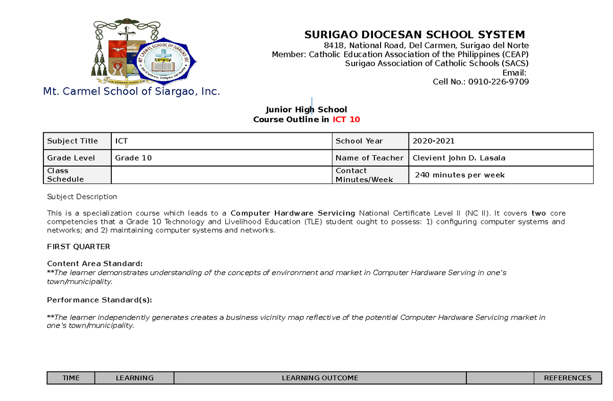 Course Outline ICT 10 1Q - Mt. Carmel School of Siargao, Inc. SURIGAO ...