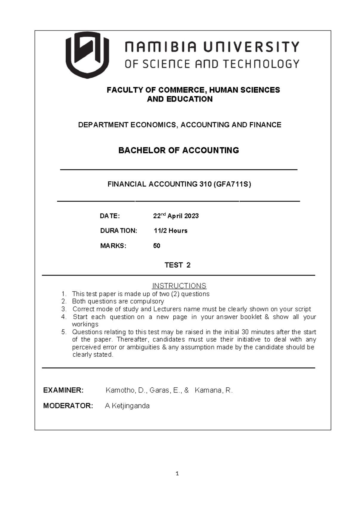FAC 310 Test 2 2023 - Test 2 - 1 FACULTY OF COMMERCE, HUMAN SCIENCES ...