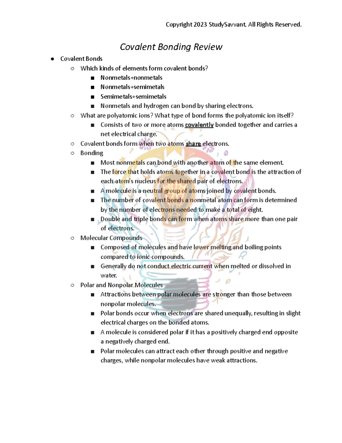 Covalent bonding review study guide - Copyright 2023 StudySavvant. All ...