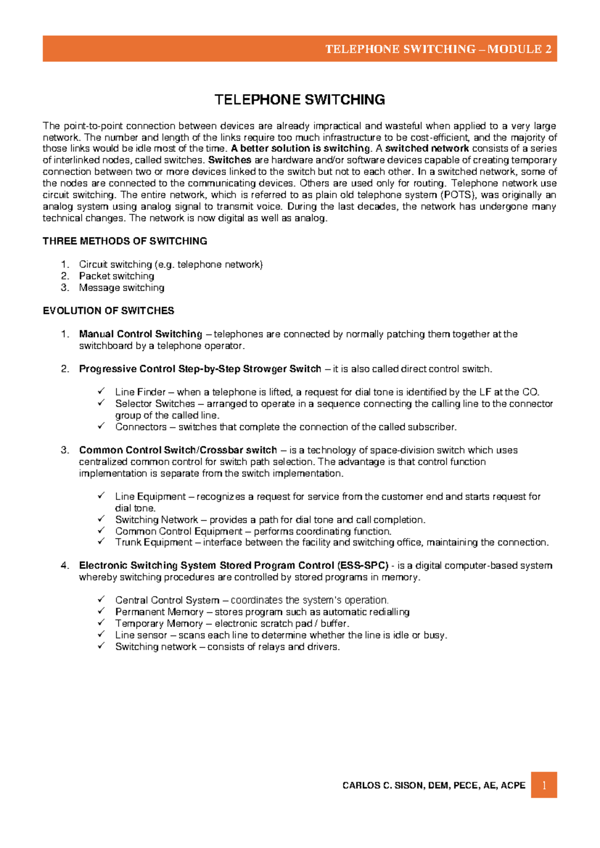 Module 2 - Telephone Switching - TELEPHONE SWITCHING The point-to-point ...