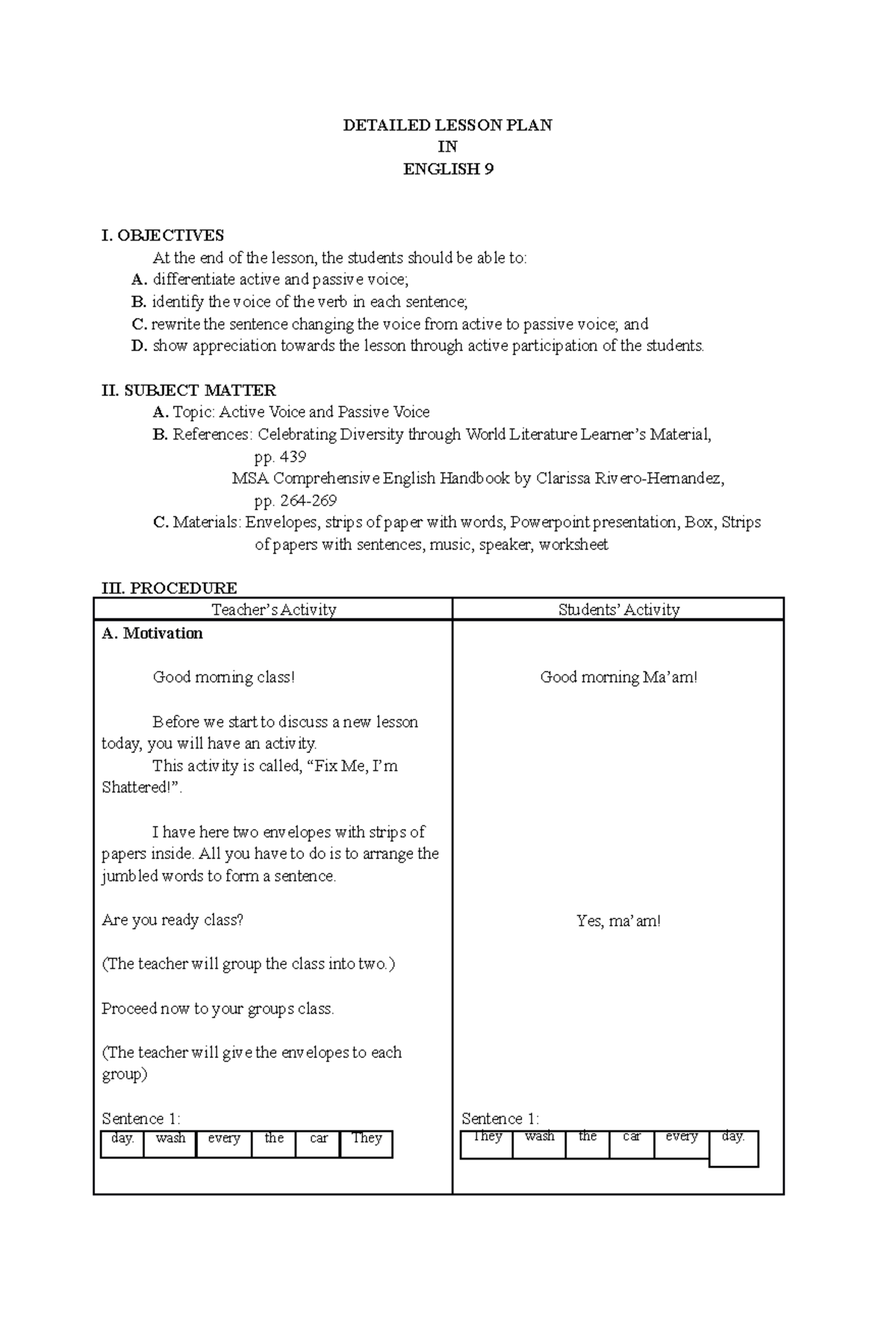 Active and pasive voice detailed lesson plan - DETAILED LESSON PLAN IN ...