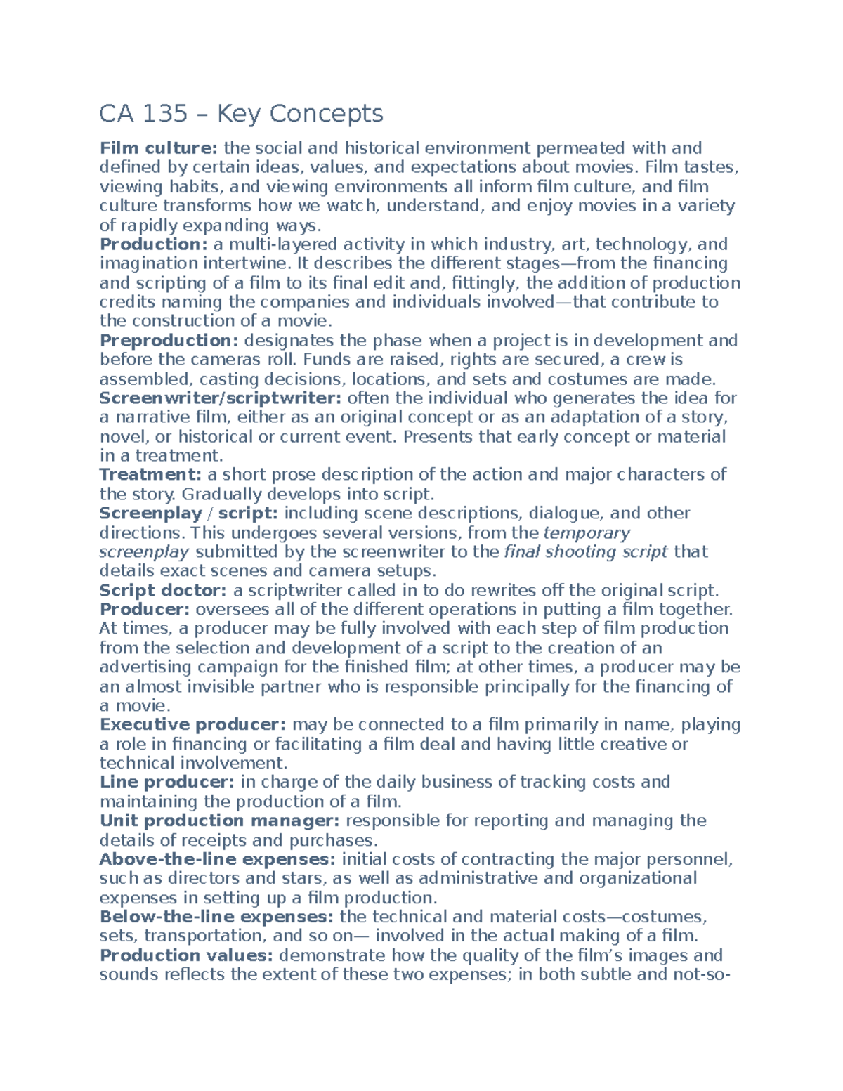 CA 135 notes - Some summaries for lectres and textbook - CA 135 – Key ...