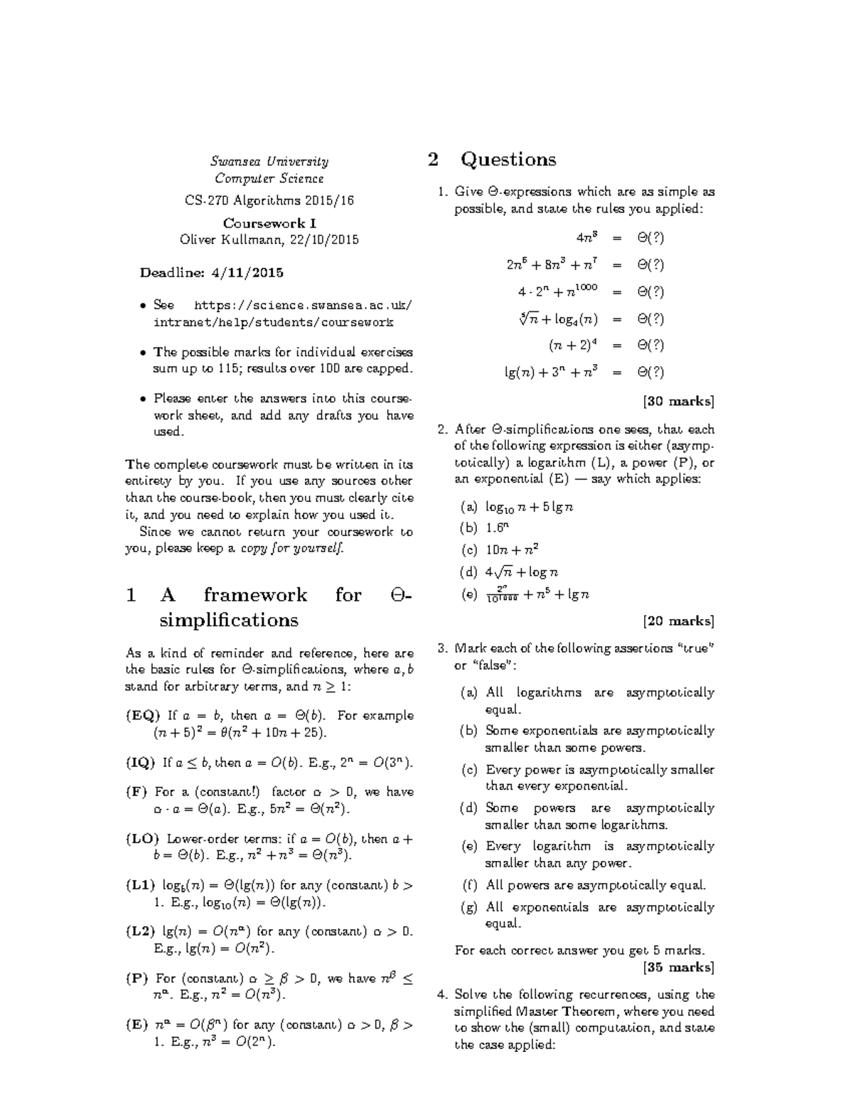 Assign 1 2015 Swansea University Computer Science Cs 270 Algorithms 2015 Coursework I Oliver