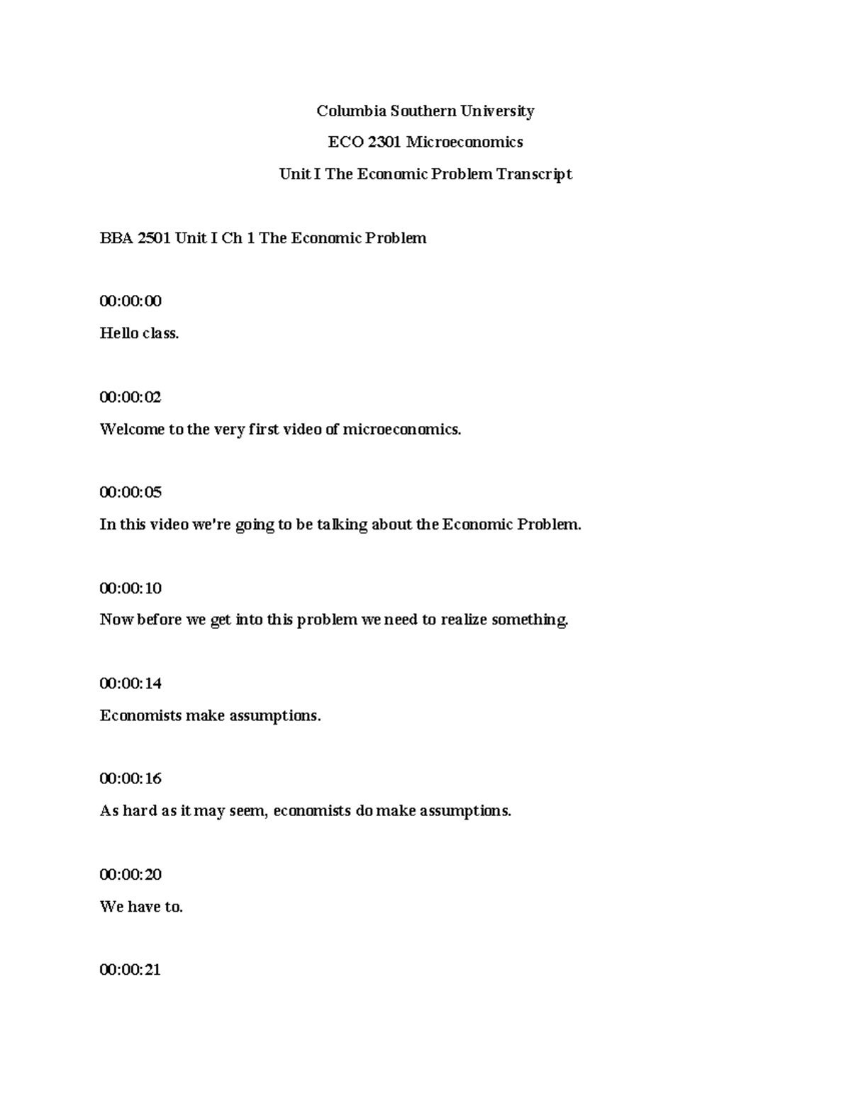 Transcript Unit I The economic problem - Columbia Southern University ...