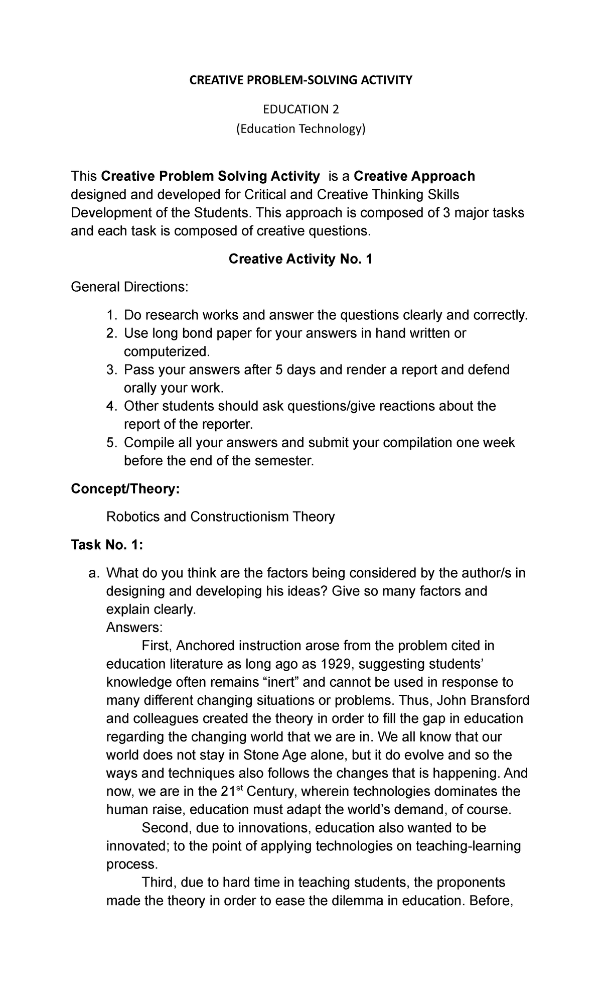 Creative Problem- Solving Activity - This approach is composed of 3 ...