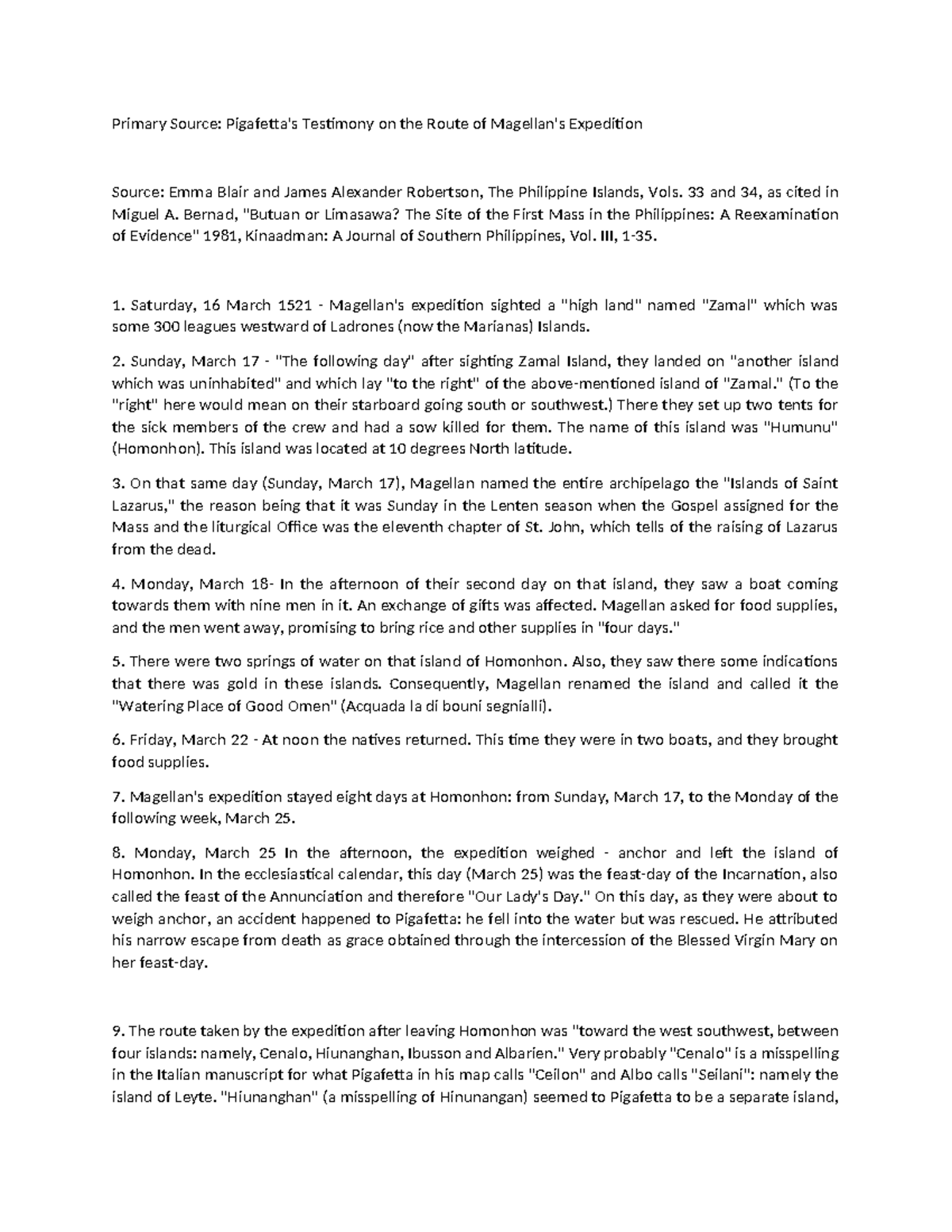 Pigafetta Account - Primary Source: Pigafetta's Testimony on the Route ...