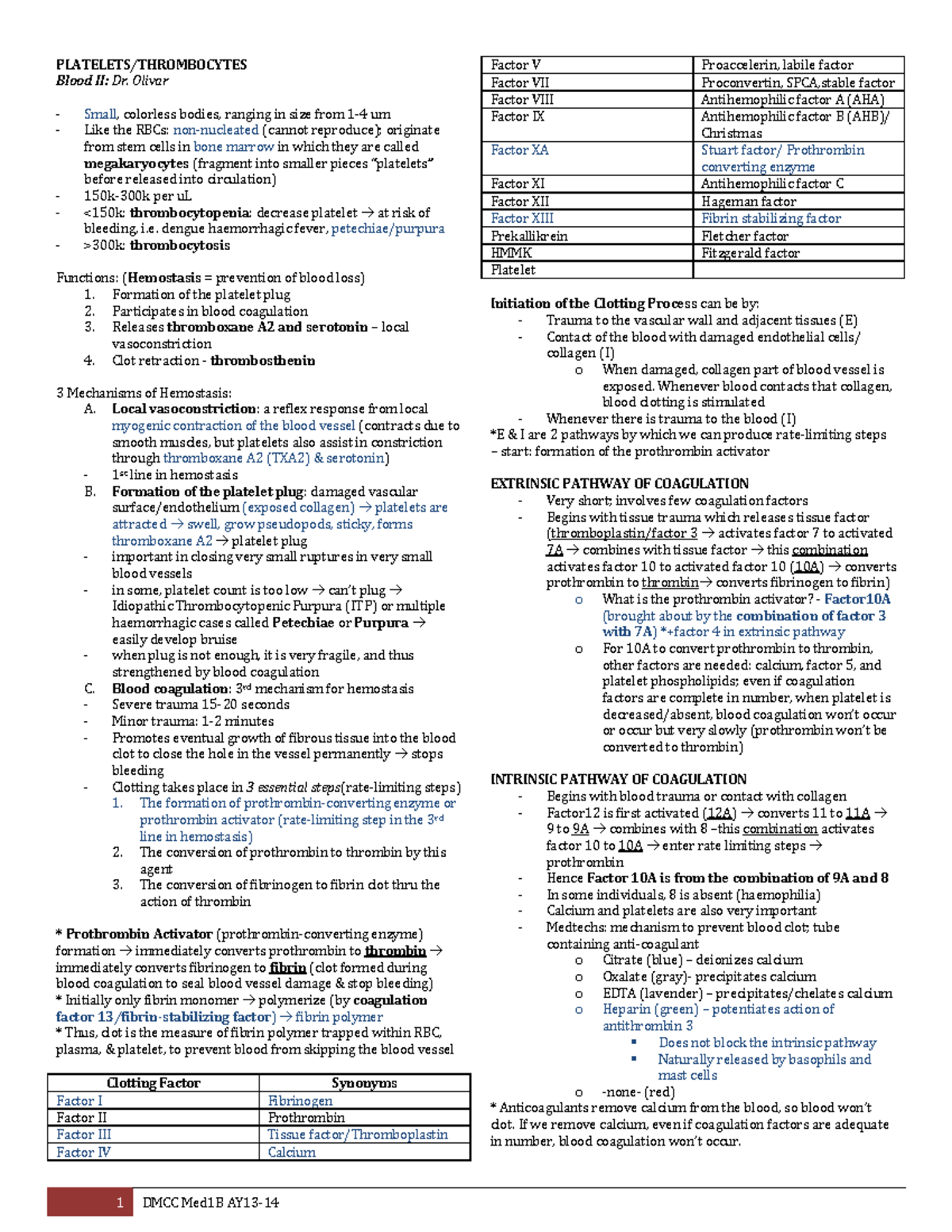 Blood II Trans - Lecture notes 1 - 1 DMCC Med1B AY13- 14 PLATELETS ...