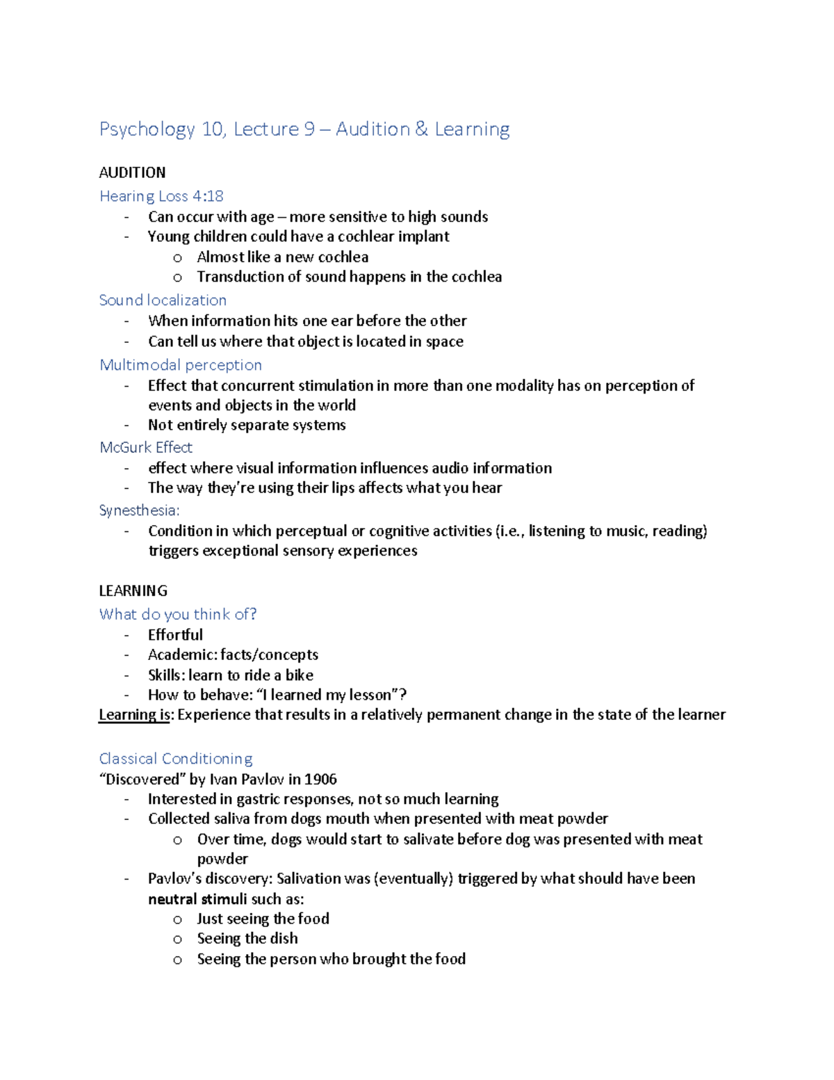 psych 10 lecture 9 - Psychology 10, Lecture 9 – Audition & Learning AUDITION Hearing Loss 4: Can ...