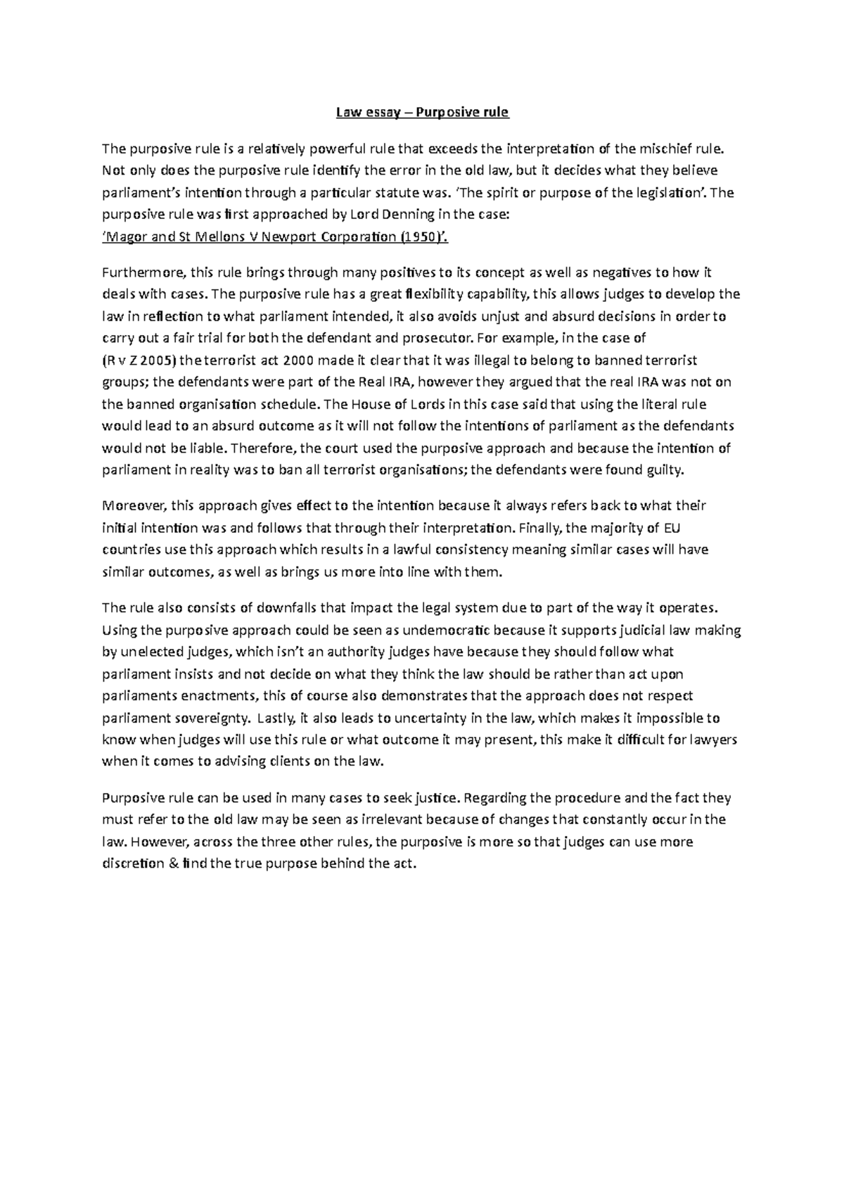 Law essay - Purposive rule - Law essay – Purposive rule The purposive ...
